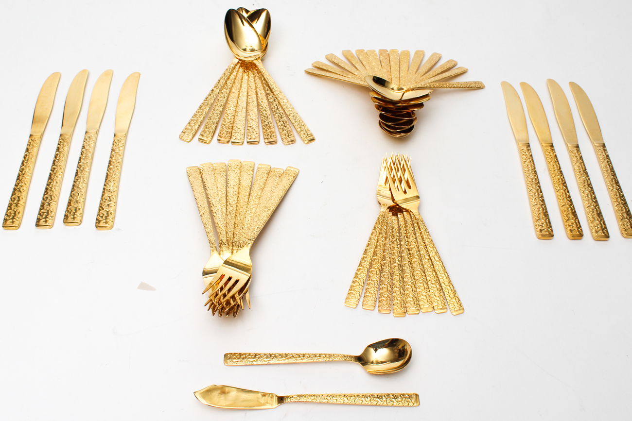 Lifetime Cutlery Gold Tone Flatware with Embossed Filigree Handles | EBTH