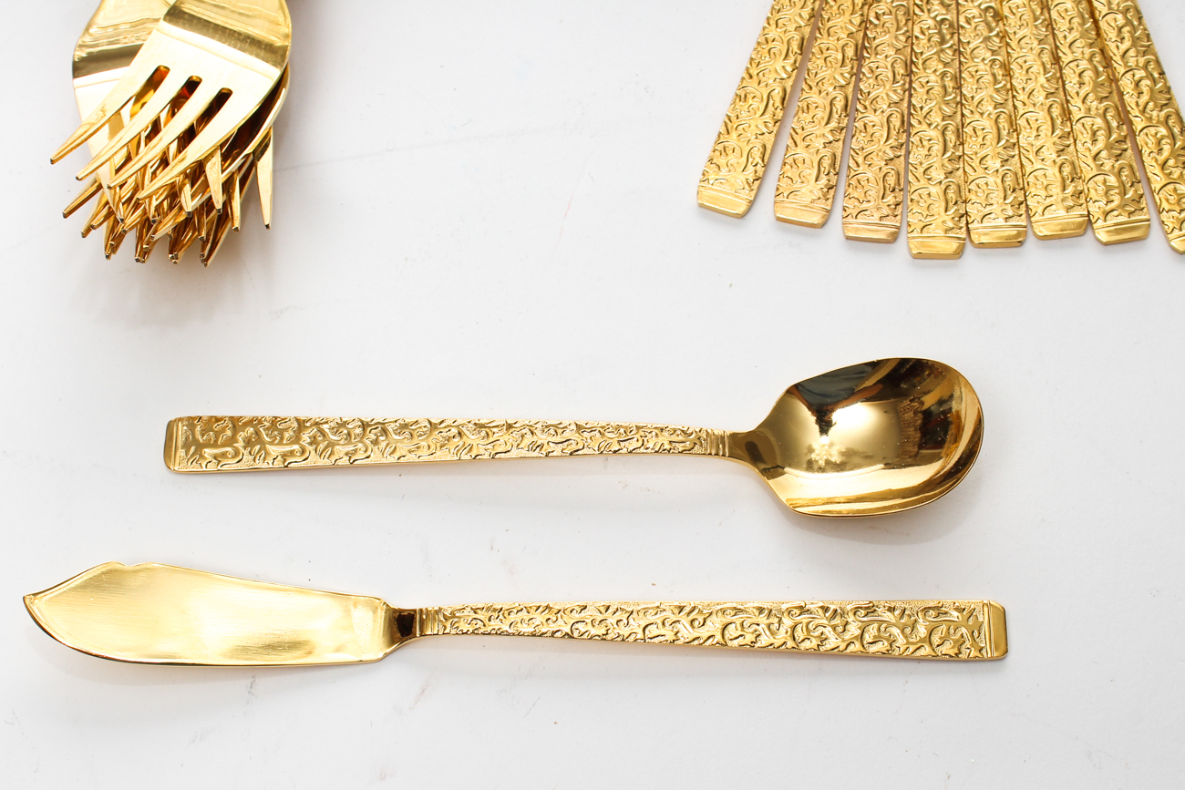 Lifetime Cutlery Gold Tone Flatware with Embossed Filigree Handles | EBTH