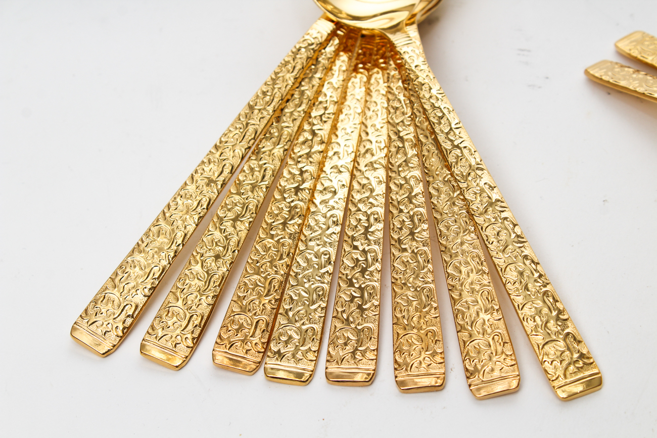 Lifetime Cutlery Gold Tone Flatware with Embossed Filigree Handles | EBTH