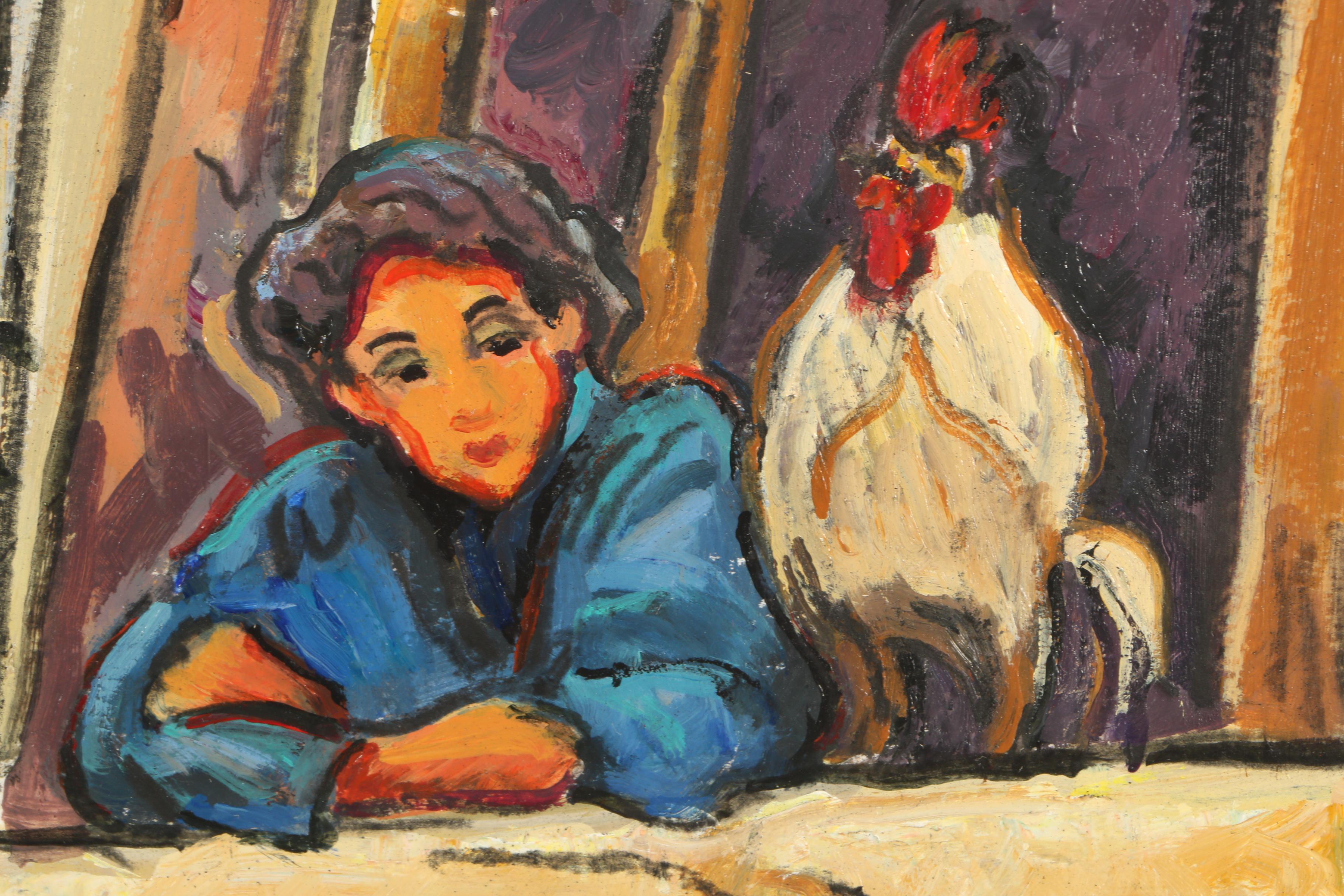 Ann Harrod Oil Painting of a Woman and Rooster | EBTH