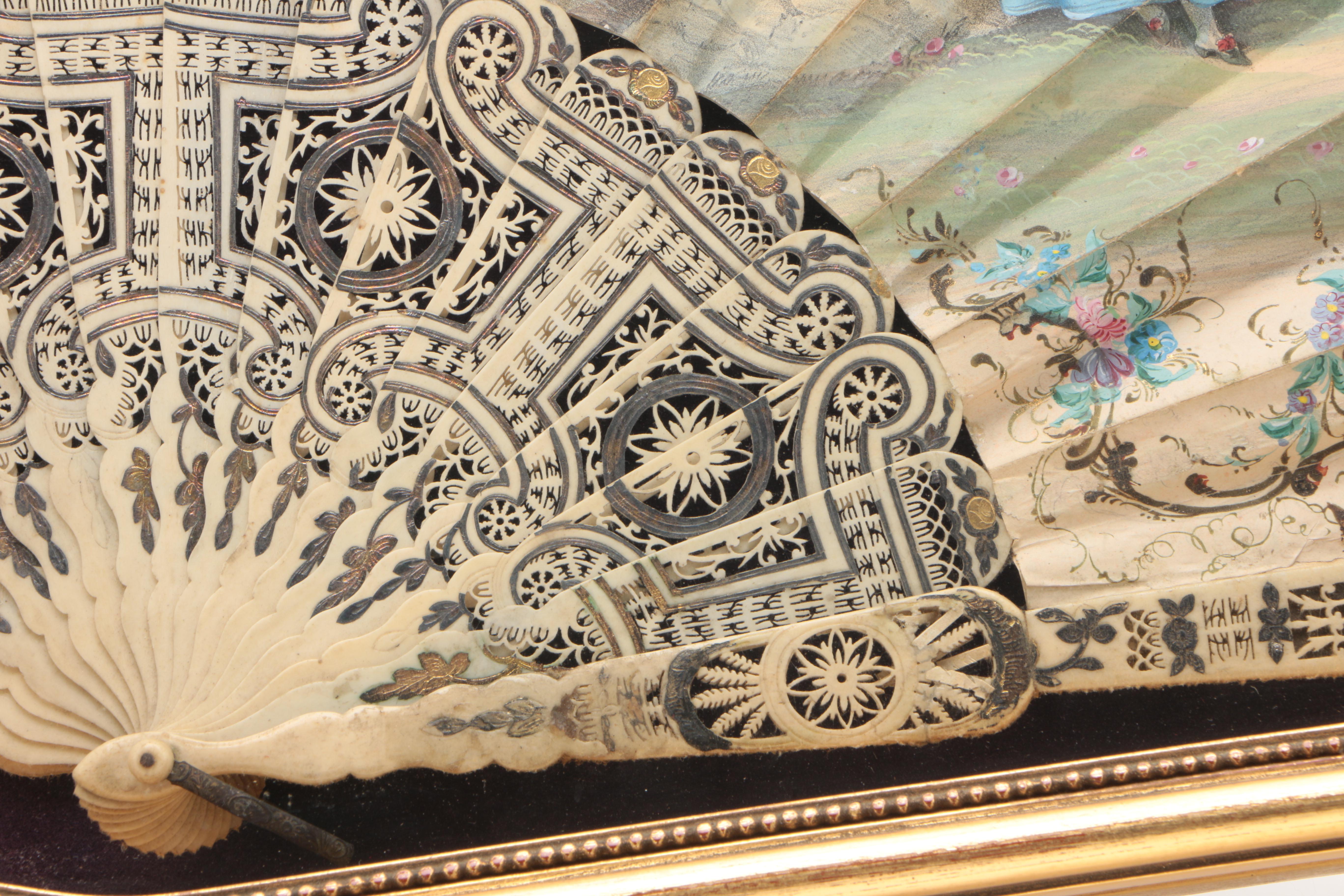 French Hand-Colored and Printed Bone Fan in Gilt Wood Frame, 19th ...