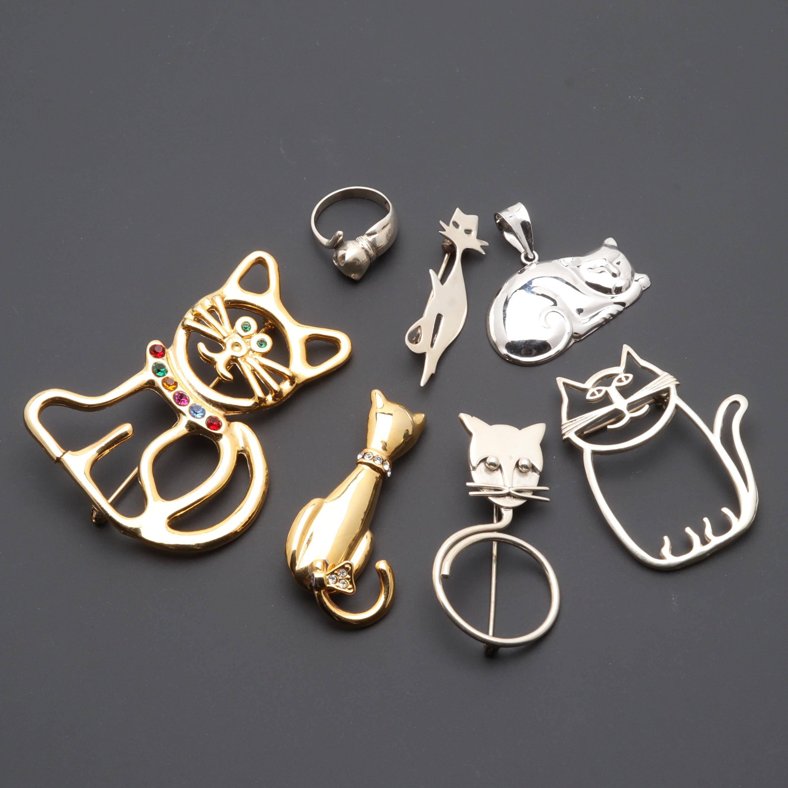 Assorted Sterling Silver and Base Metal Cat Themed Jewelry Including ...