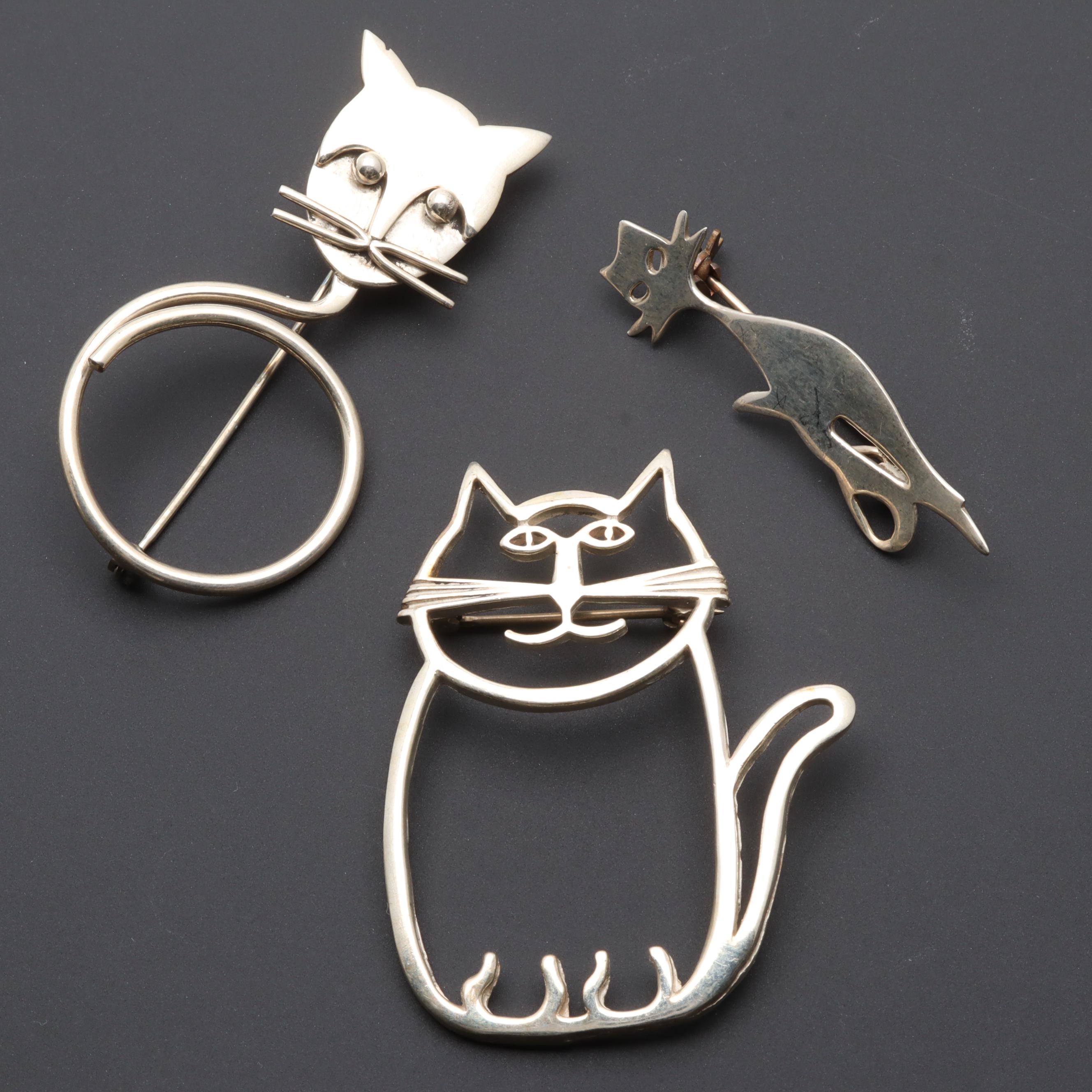 Assorted Sterling Silver and Base Metal Cat Themed Jewelry Including ...
