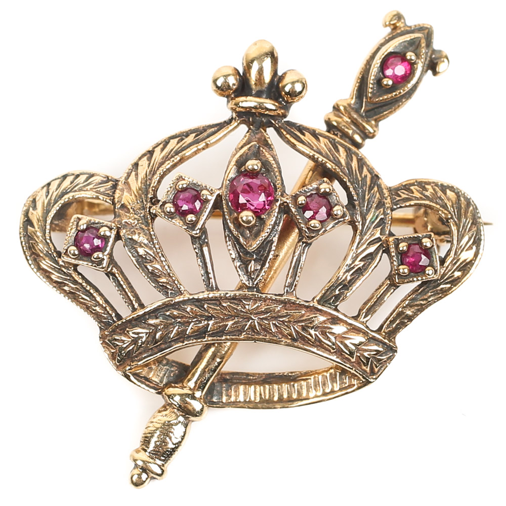 Vintage A.S. Co. 14K Yellow Gold Ruby Crown Brooch | EBTH