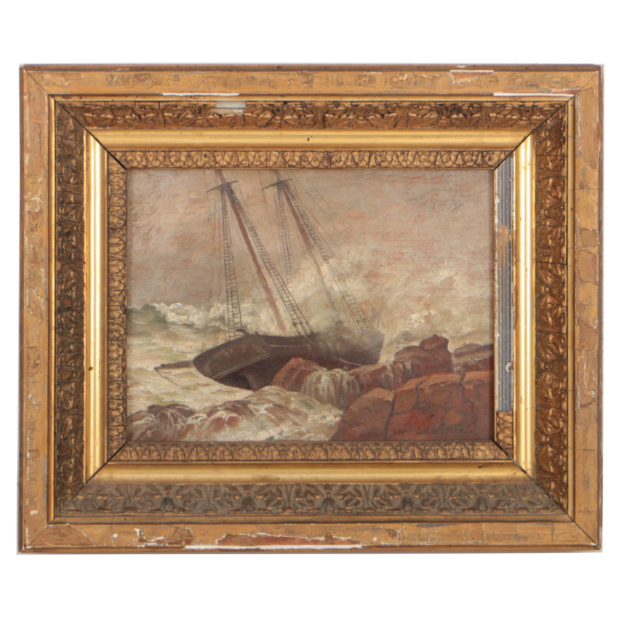 George Savary Wasson Circa 1889 Oil Painting "Wreck of Schooner 'Oliver ...