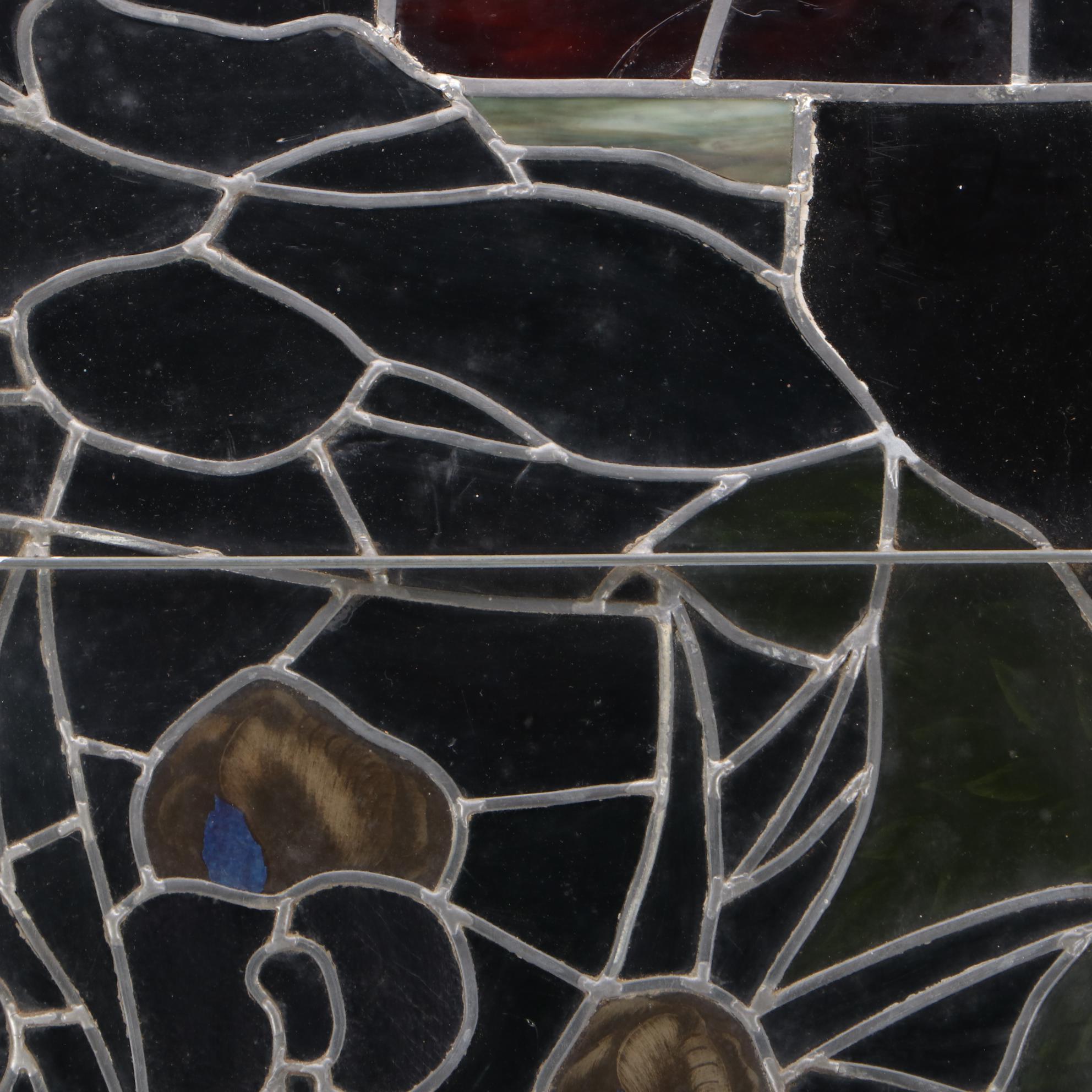 Handmade Painted Leaded Stained Glass Floral Panel with Rebar | EBTH