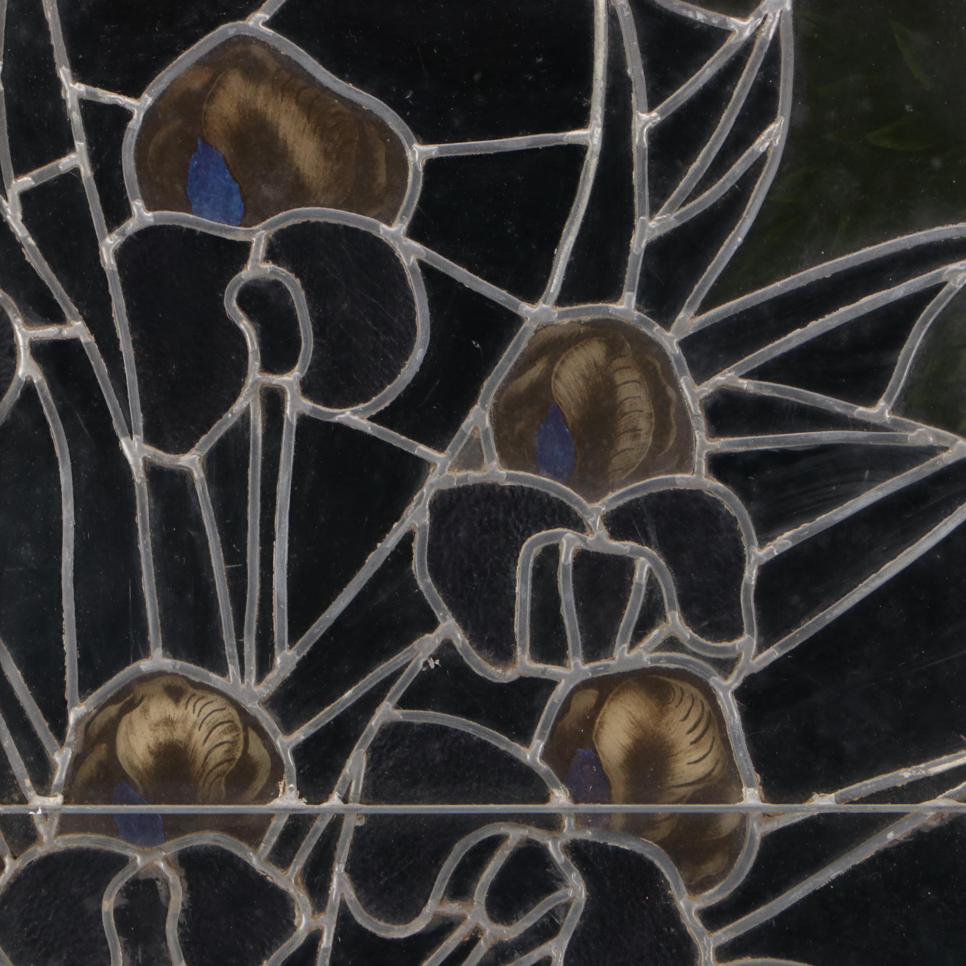 Handmade Painted Leaded Stained Glass Floral Panel with Rebar | EBTH
