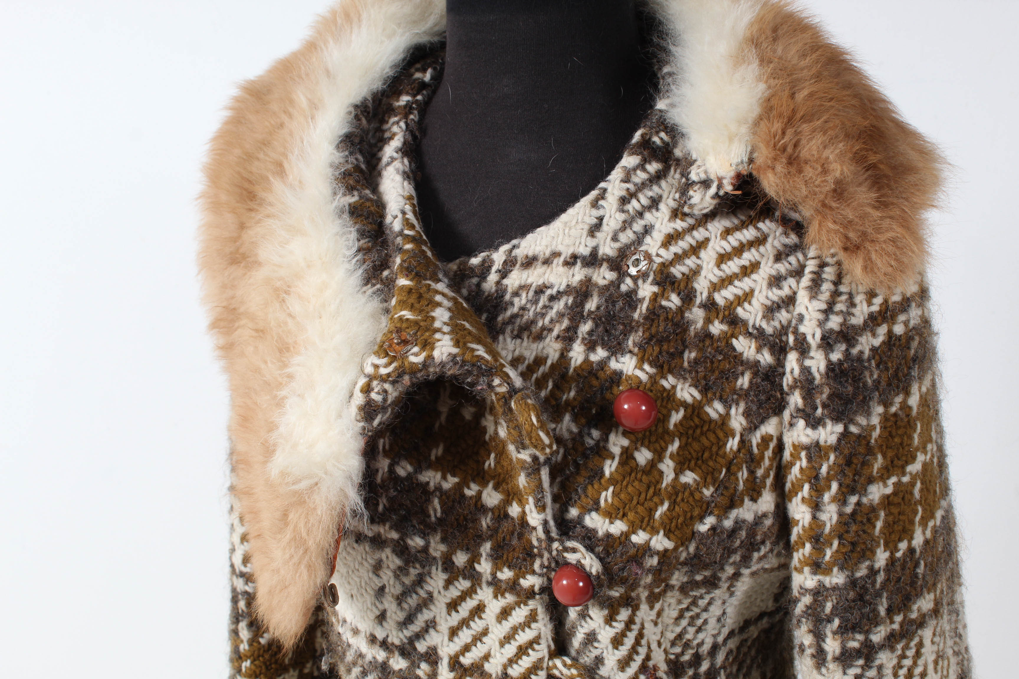 Vintage Guanaco Fur-Trimmed Plaid Wool Coat | EBTH