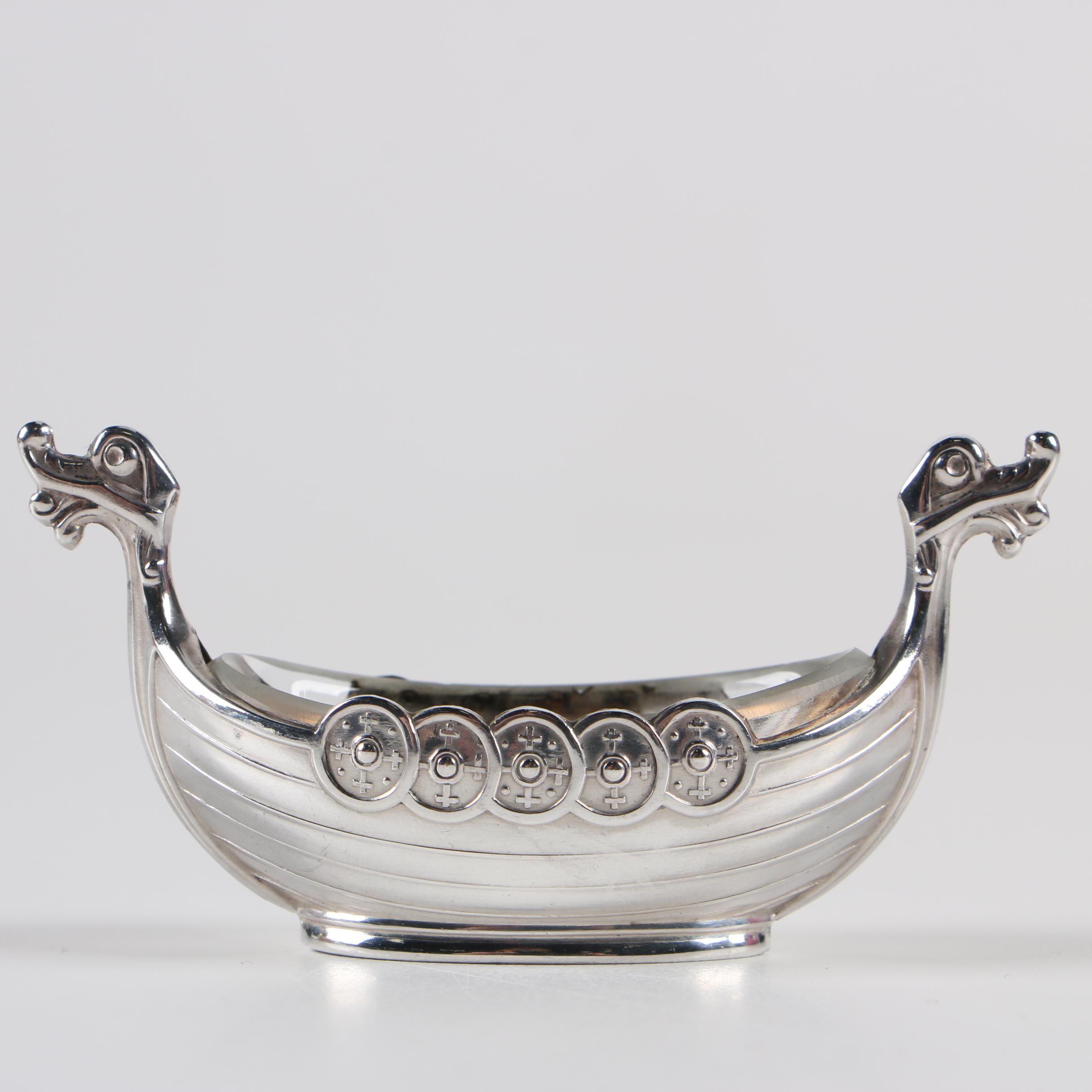 Magnus Aase Norwegian Sterling and Glass Viking Ship Salt Cellar, Mid ...