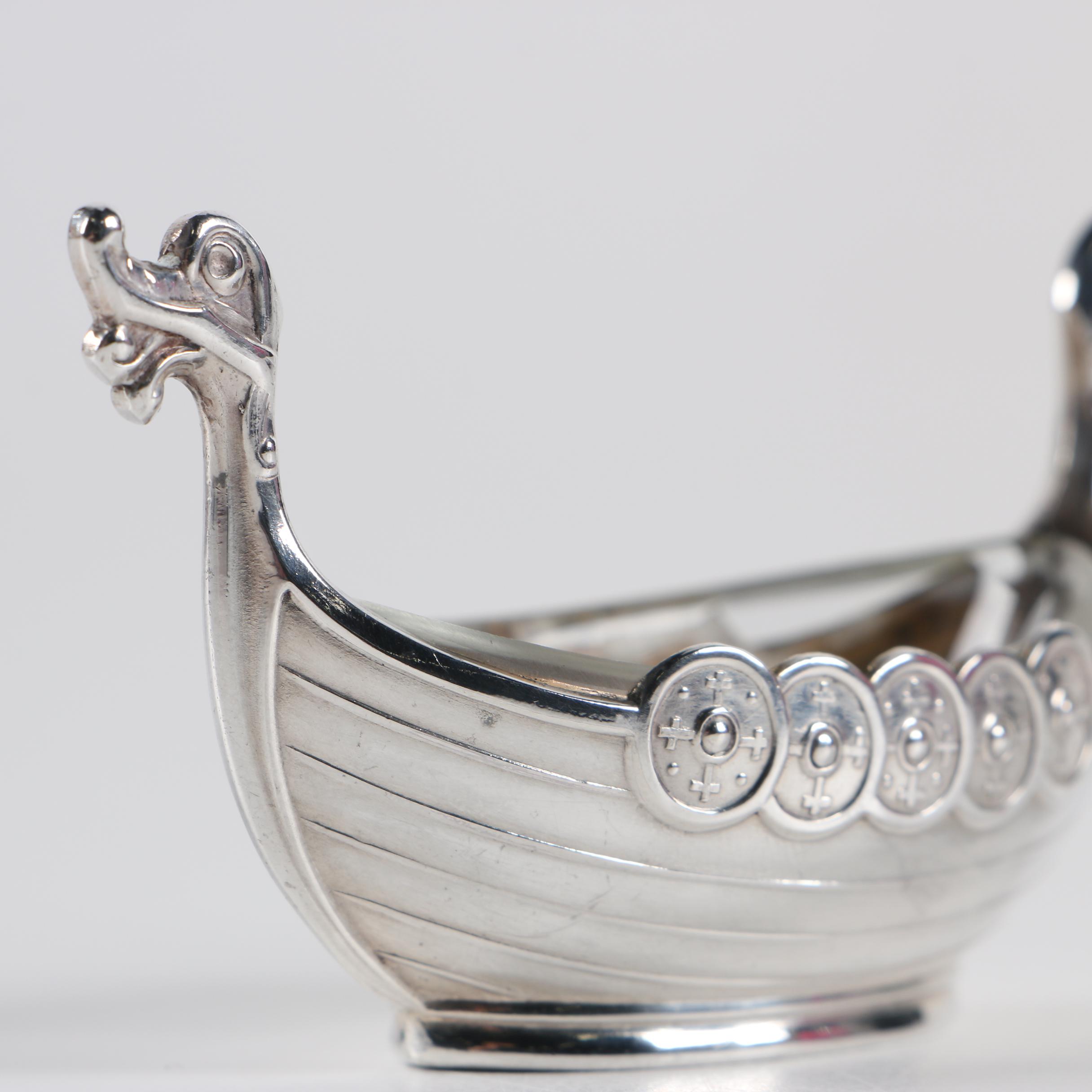 Magnus Aase Norwegian Sterling and Glass Viking Ship Salt Cellar, Mid ...