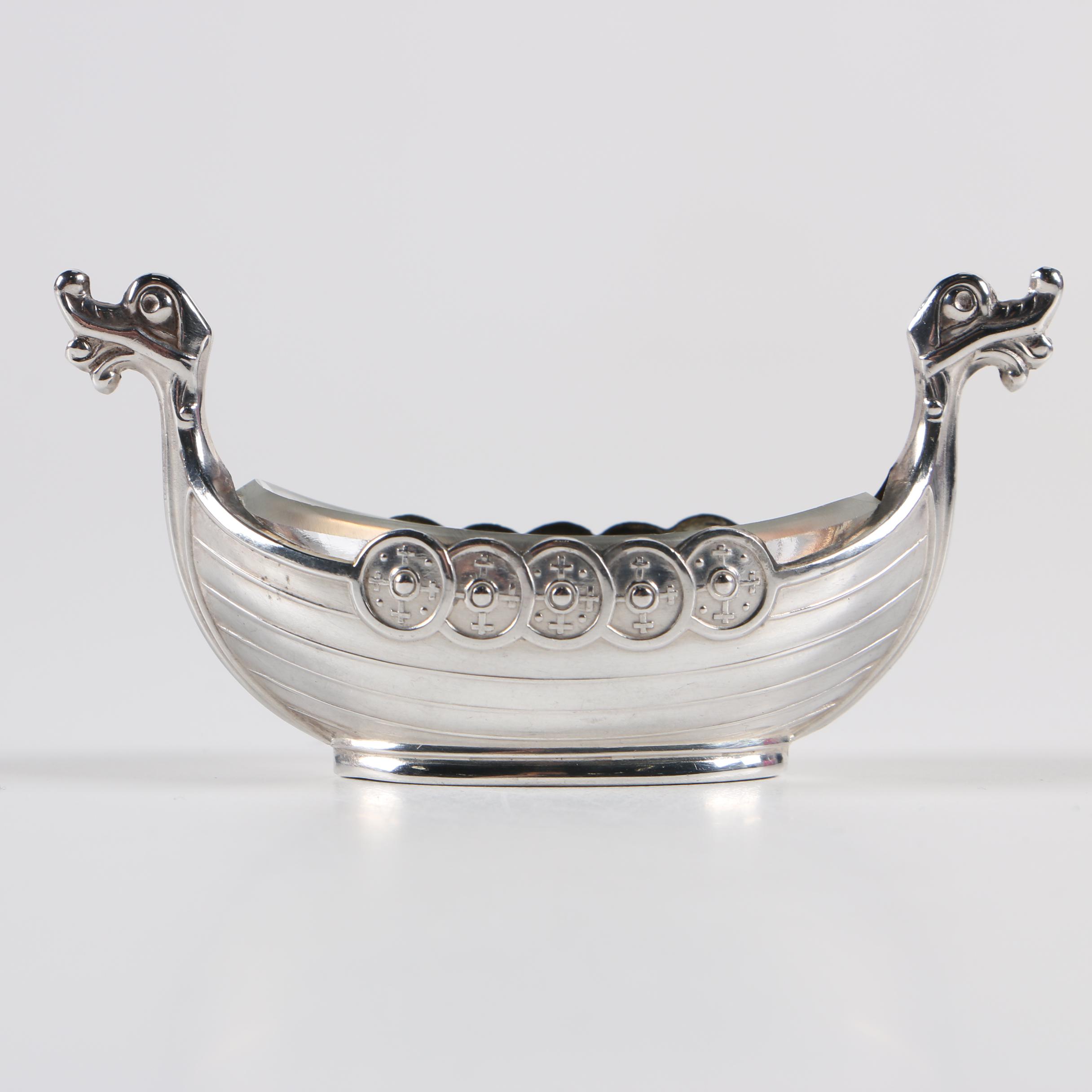 Magnus Aase Norwegian Sterling and Glass Viking Ship Salt Cellar, Mid ...