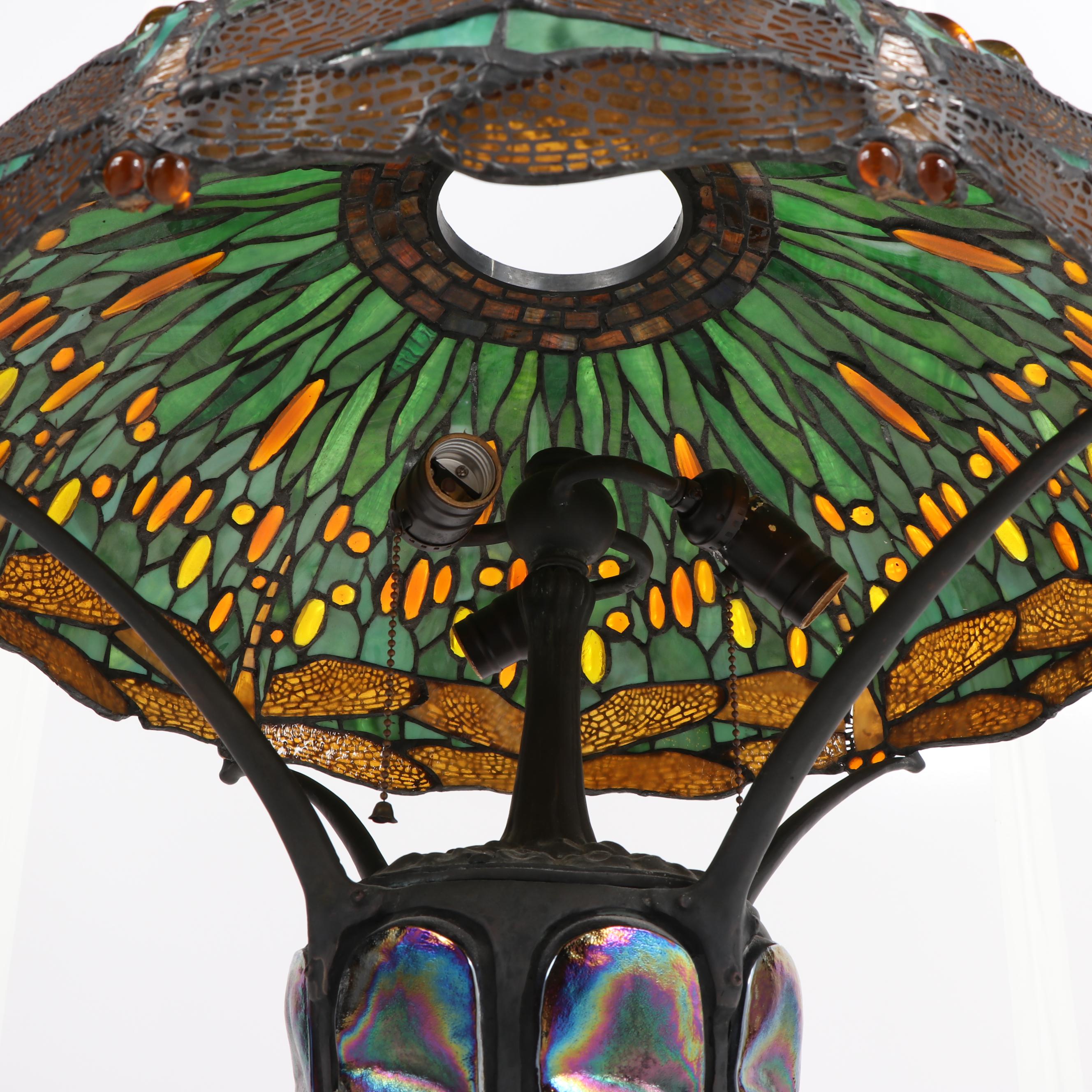 JSW Studios Leaded Glass, Mosaic and Patinated Metal Dragonfly Table ...