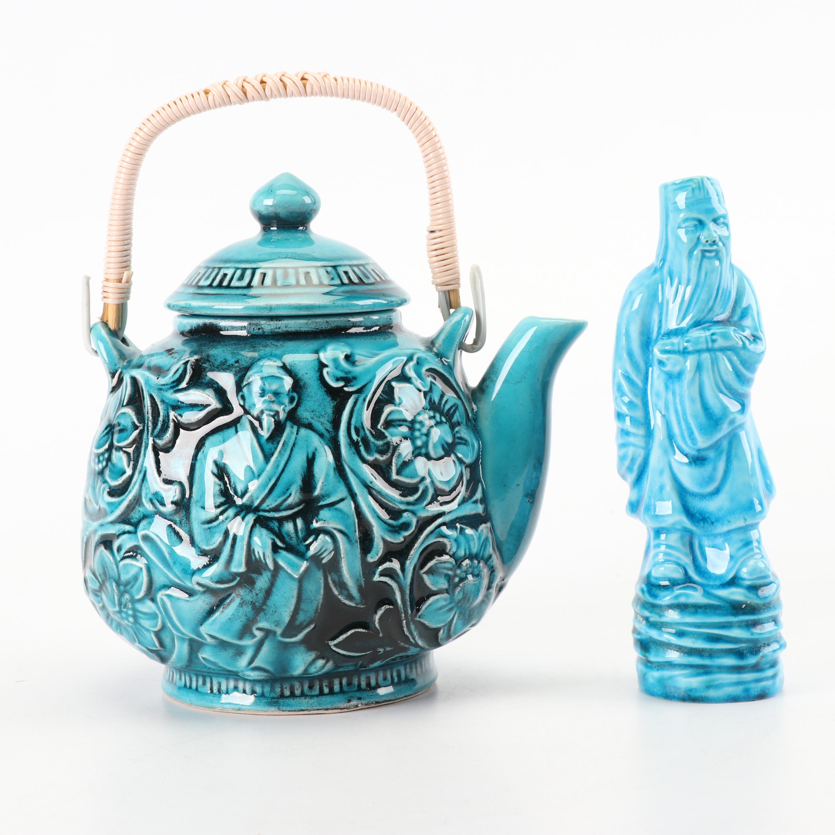 Vintage Japanese Turquoise Teapot with Immortal Statuette | EBTH
