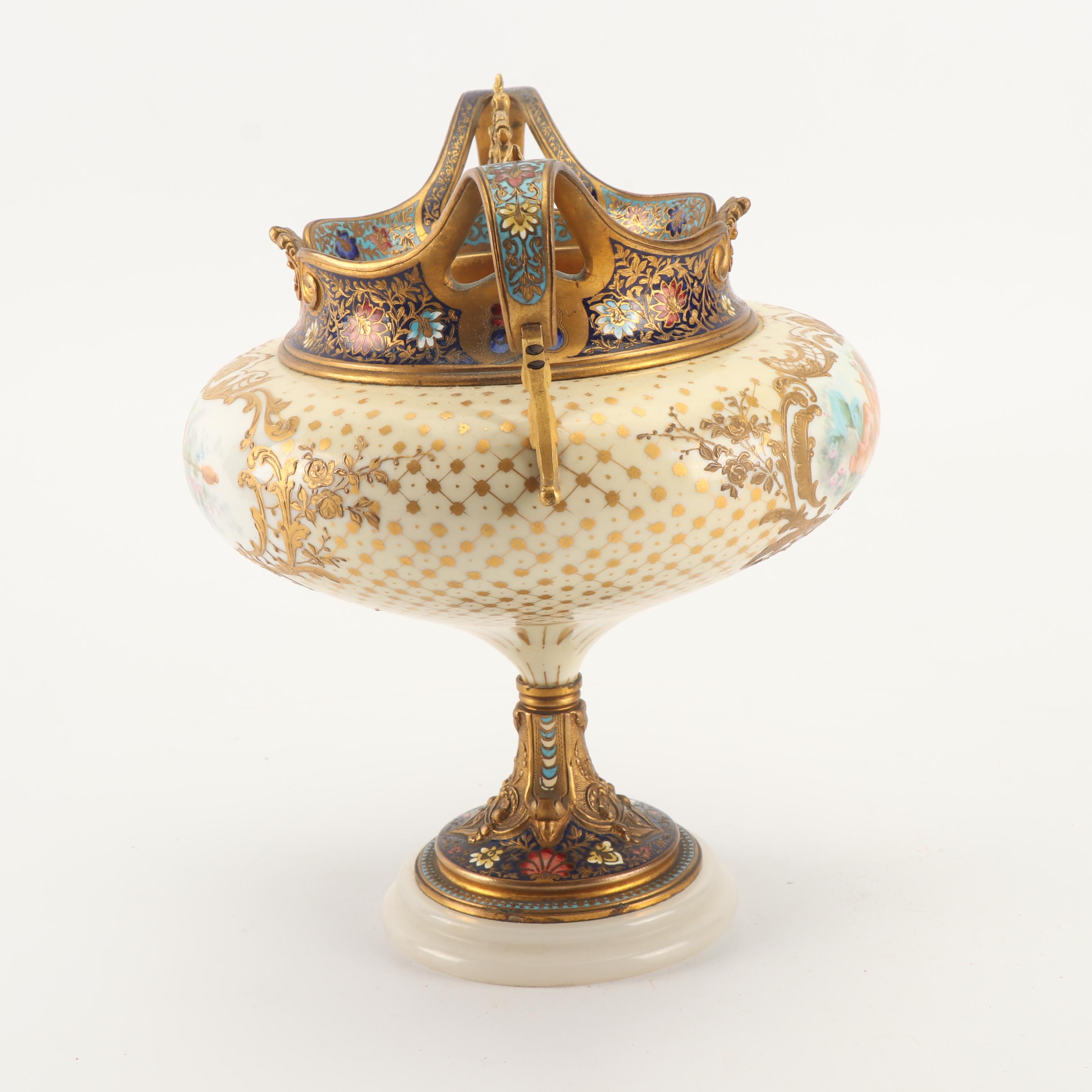 French Brass, Porcelain, and Champleve Enamel Urn with Opaline Glass ...