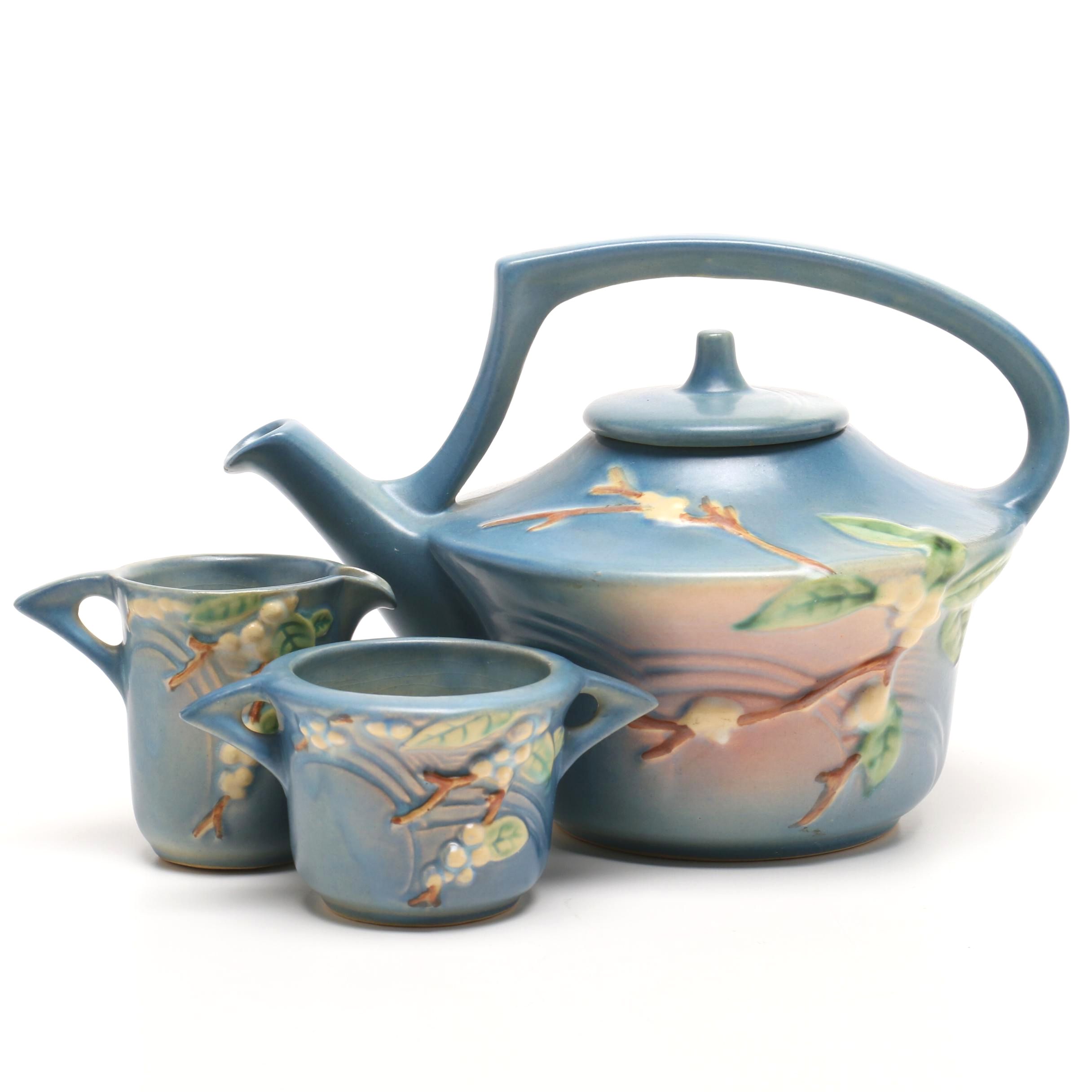 Roseville Pottery "Snowberry" Tea Set in Blue Glaze | EBTH