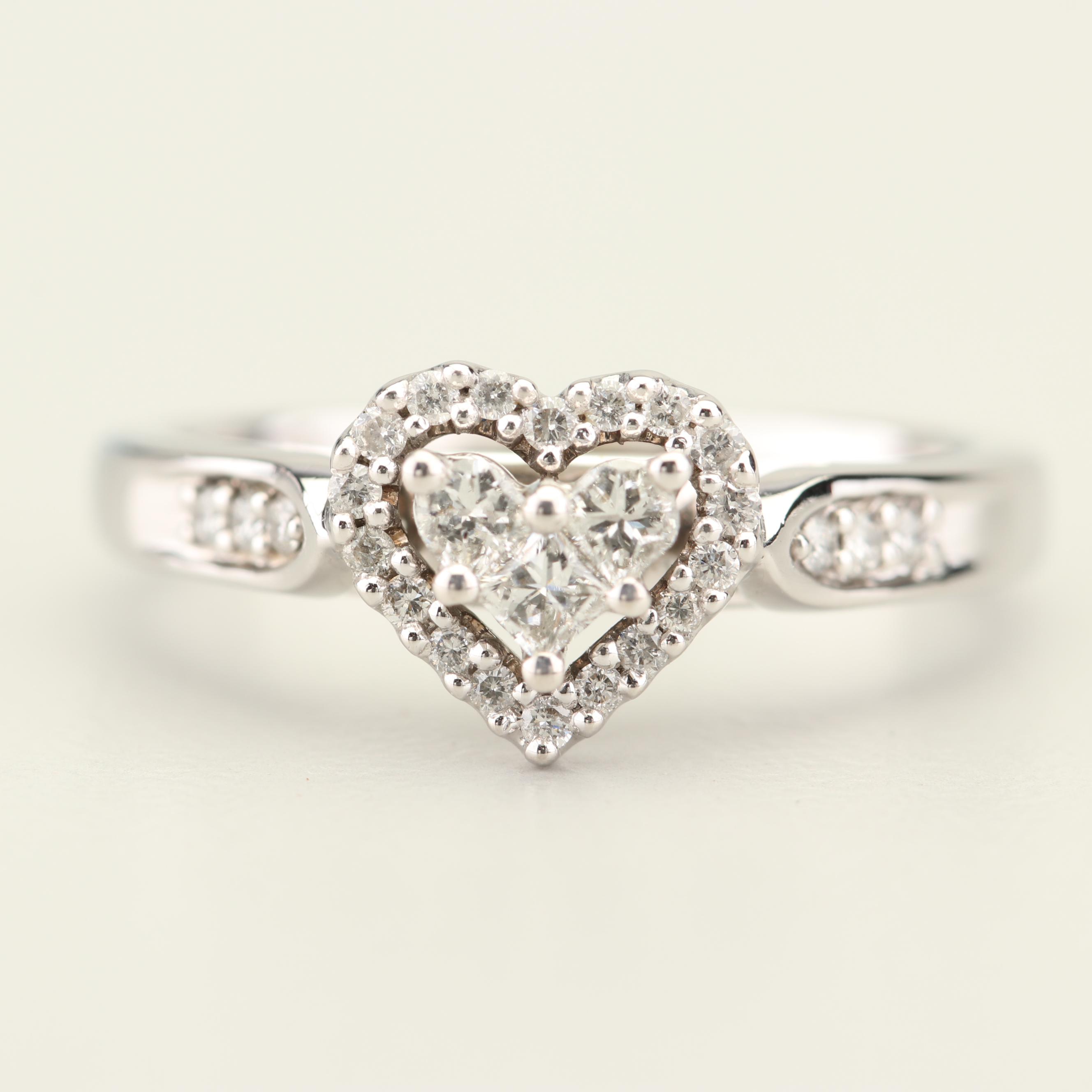 14K White Gold Diamond Ring with Heart Setting | EBTH