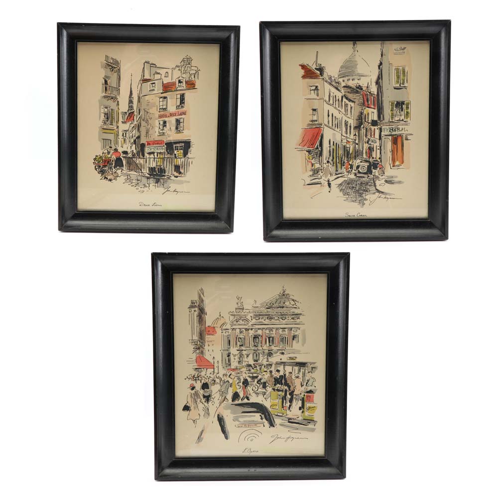 John Hayman Color Lithographs "Deux Lions" "Sacre Coeur" and "L'Opera ...