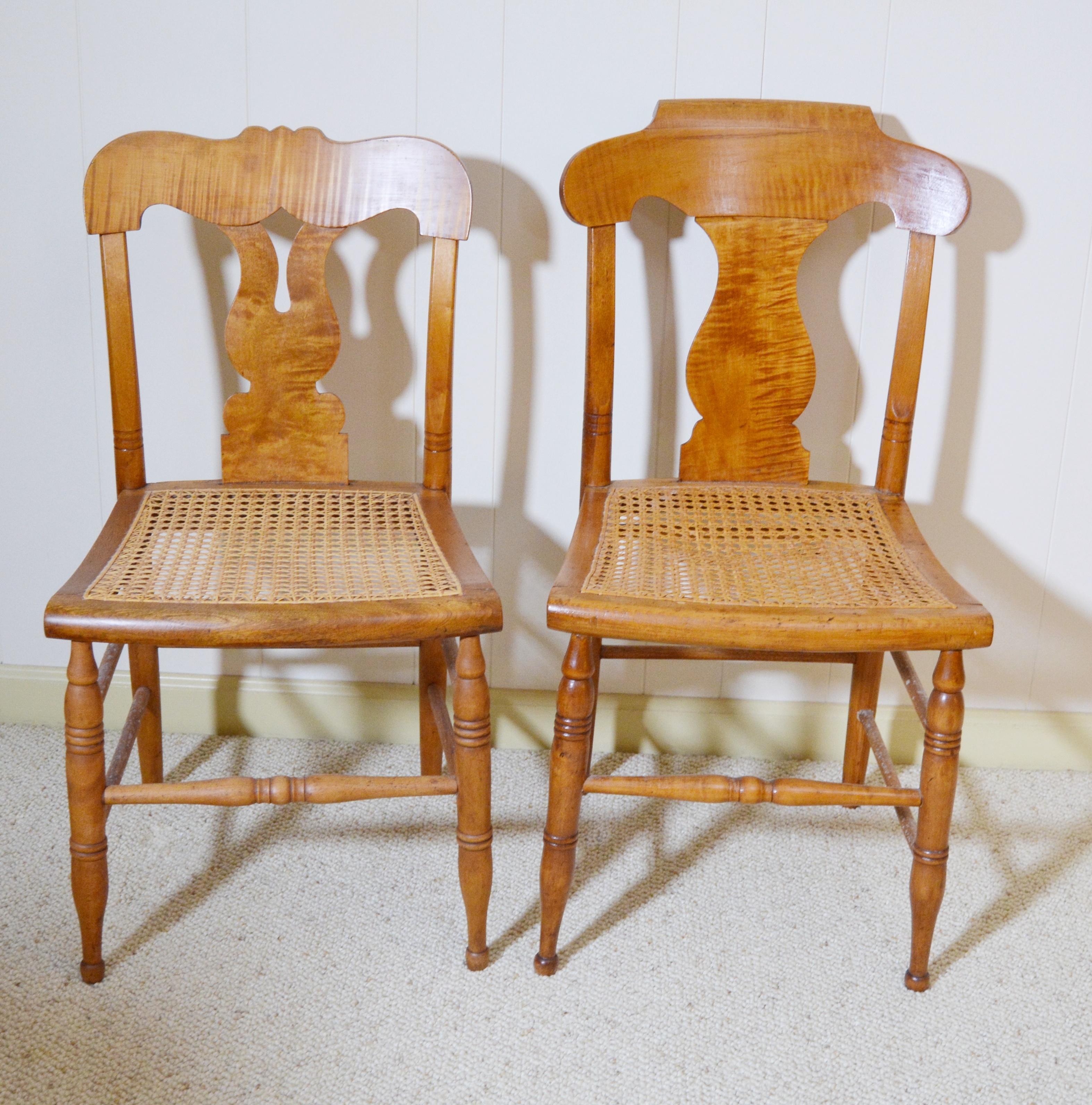 Federal Style Tiger Maple Frame Cane Seat Side Chairs, Early 20th ...