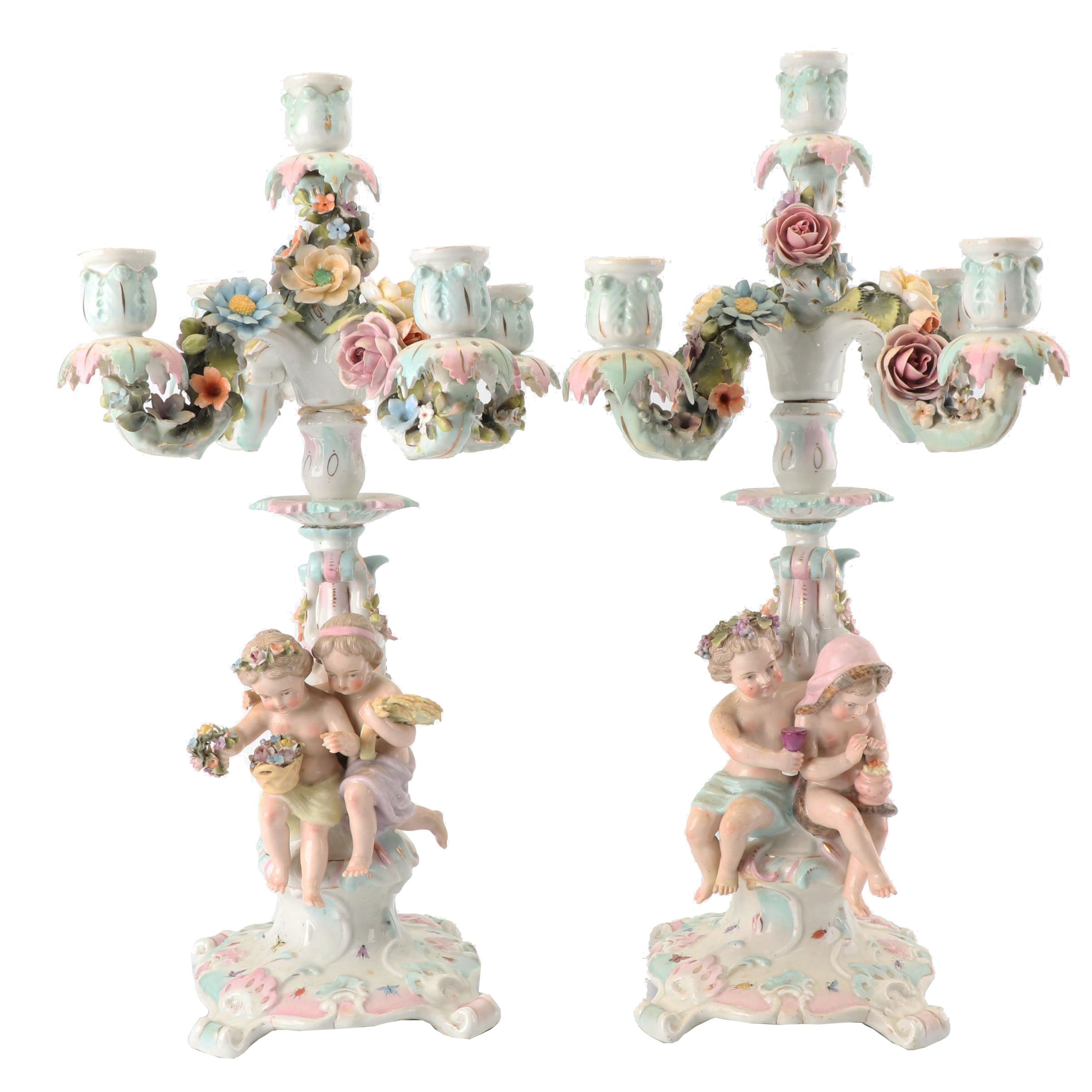 Capodimonte Style Porcelain Flower and Cherub Candelabras | EBTH