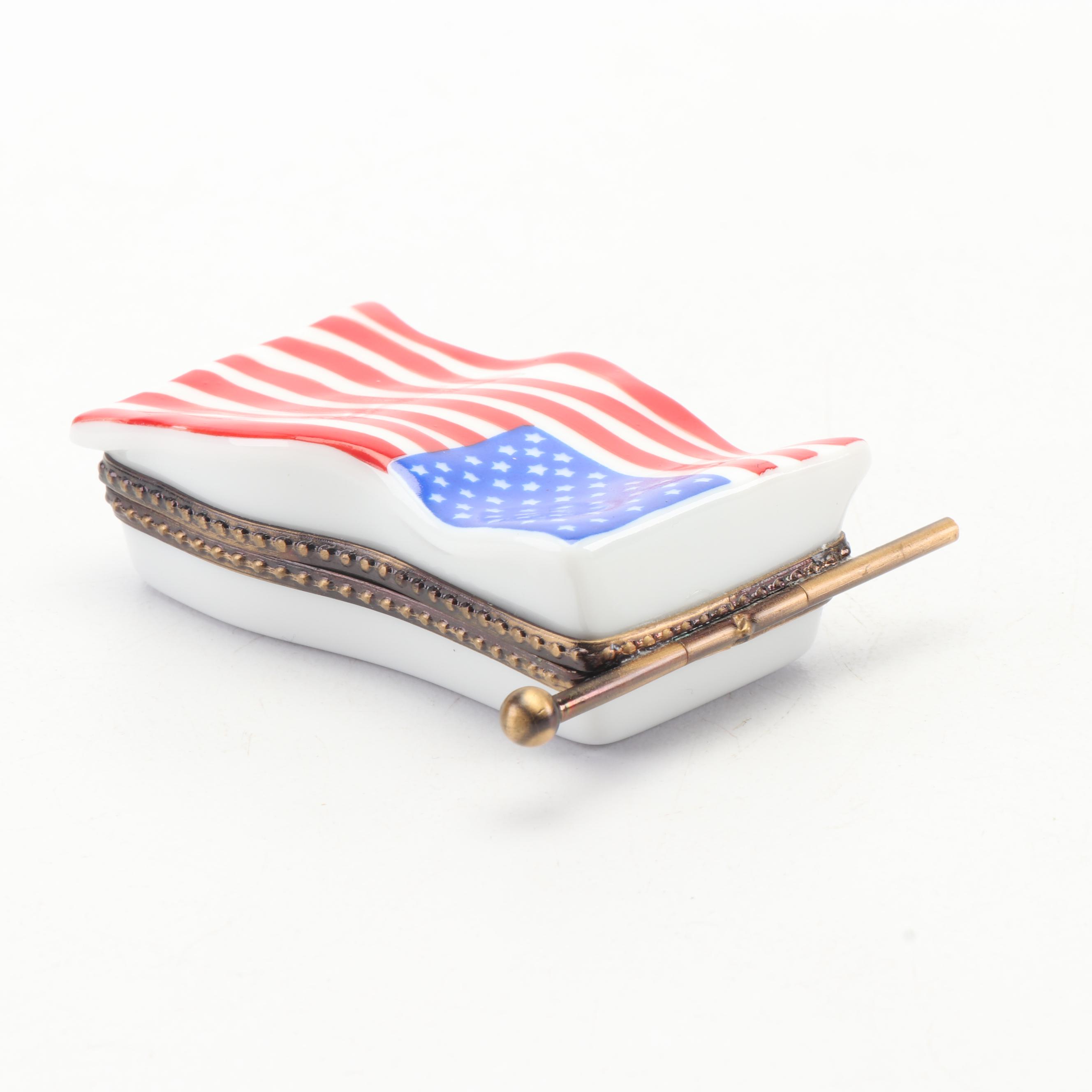Peint Main Eximious Limoges Porcelain American Flag Trinket Box | EBTH
