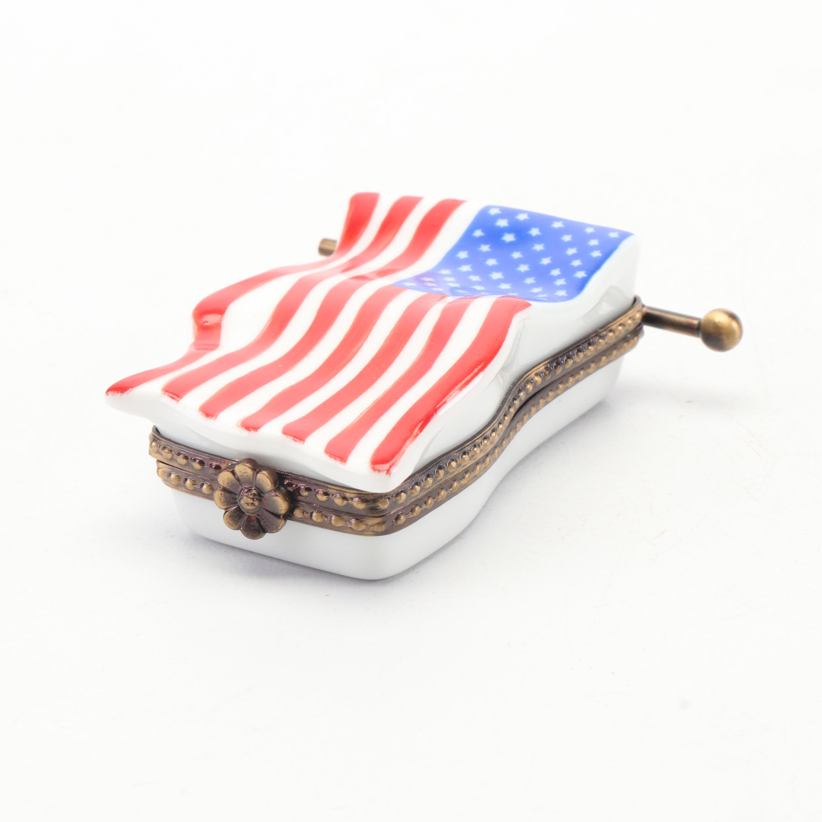 Peint Main Eximious Limoges Porcelain American Flag Trinket Box | EBTH