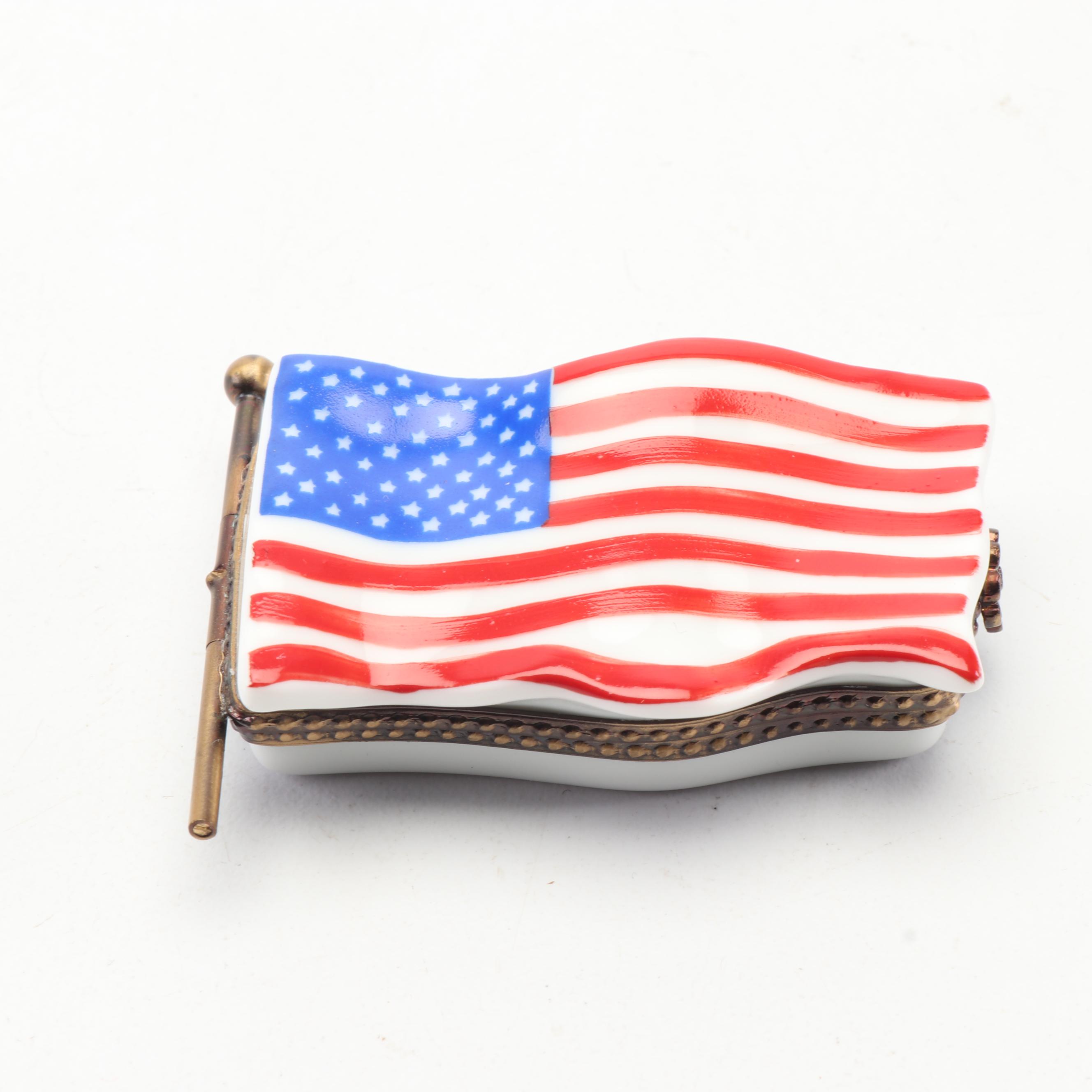 Peint Main Eximious Limoges Porcelain American Flag Trinket Box | EBTH