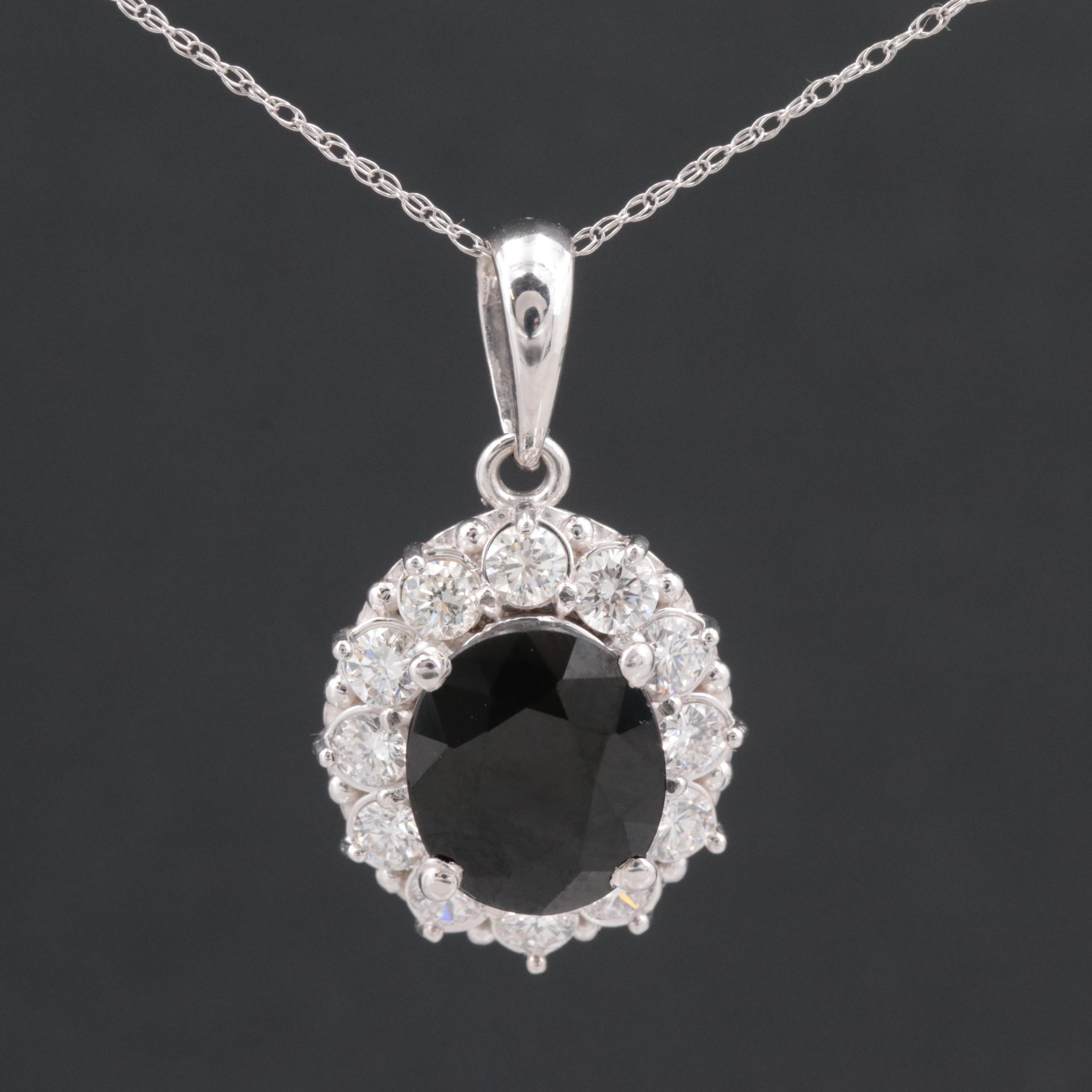 14K White Gold Obsidian and Diamond Pendant Necklace | EBTH