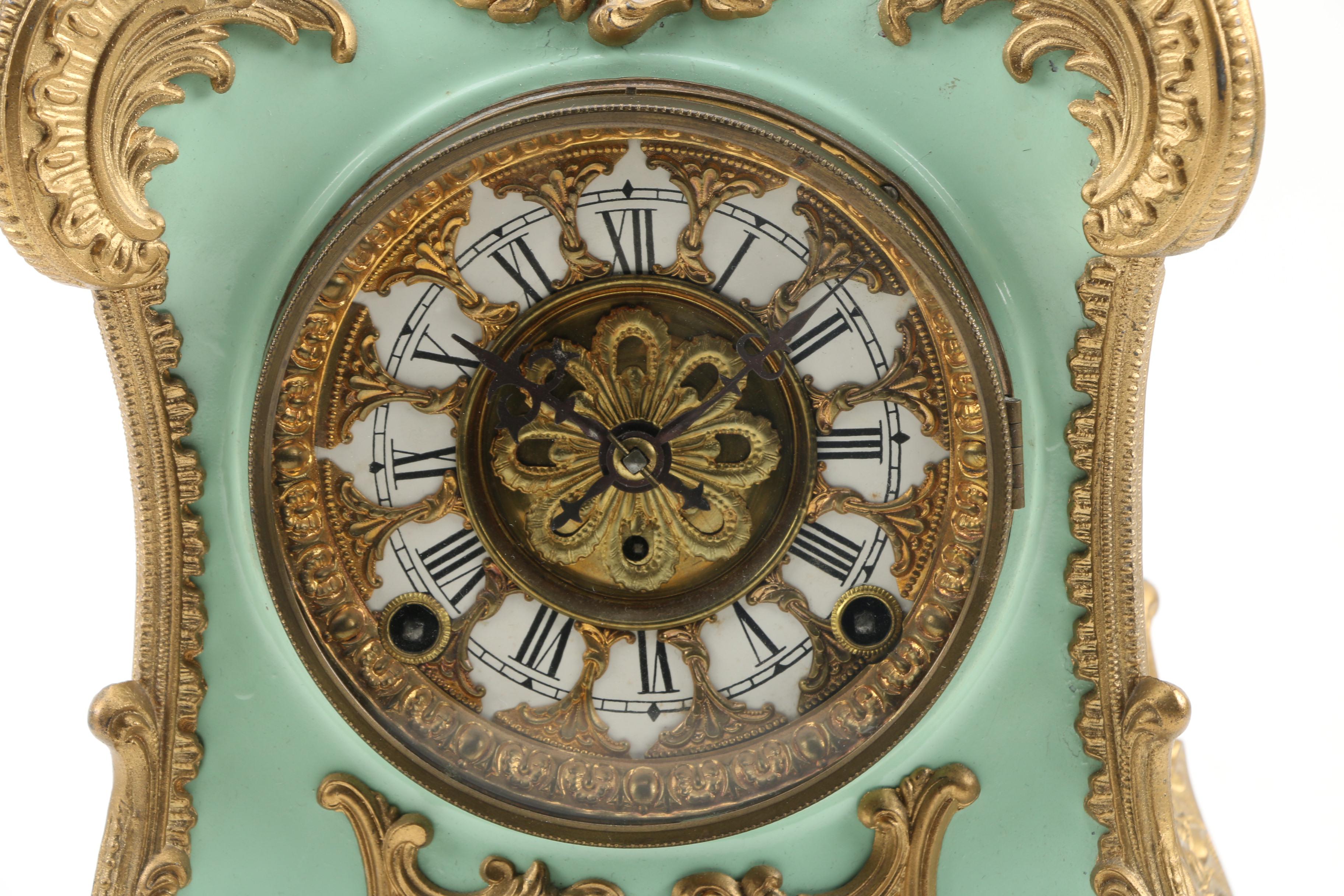F. Kroeber "Pompadour" Gilt Enameled Cast Iron Mantle Clock | EBTH