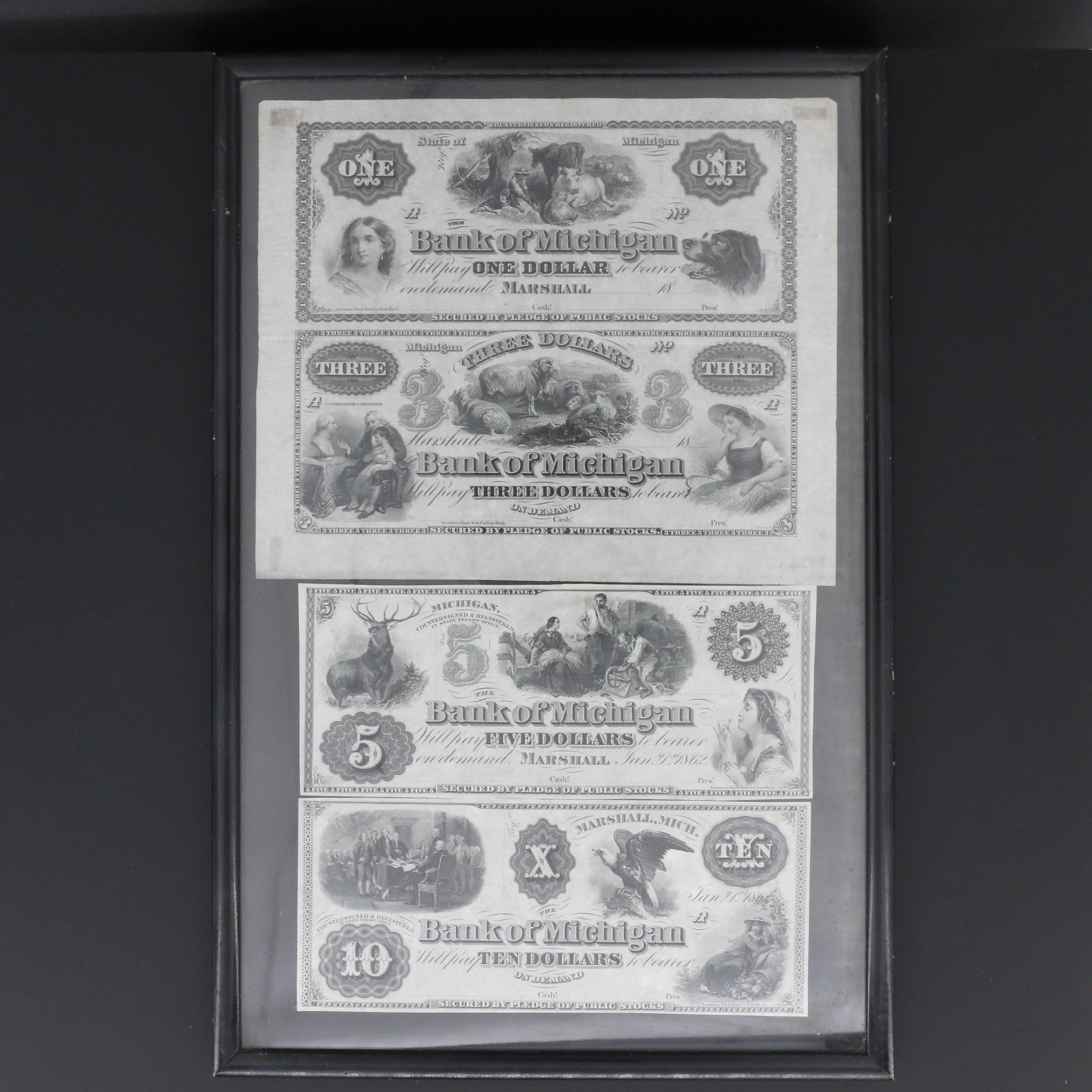 Group of Four Obsolete Unissued Banknotes from The Bank of Michigan, Ca ...