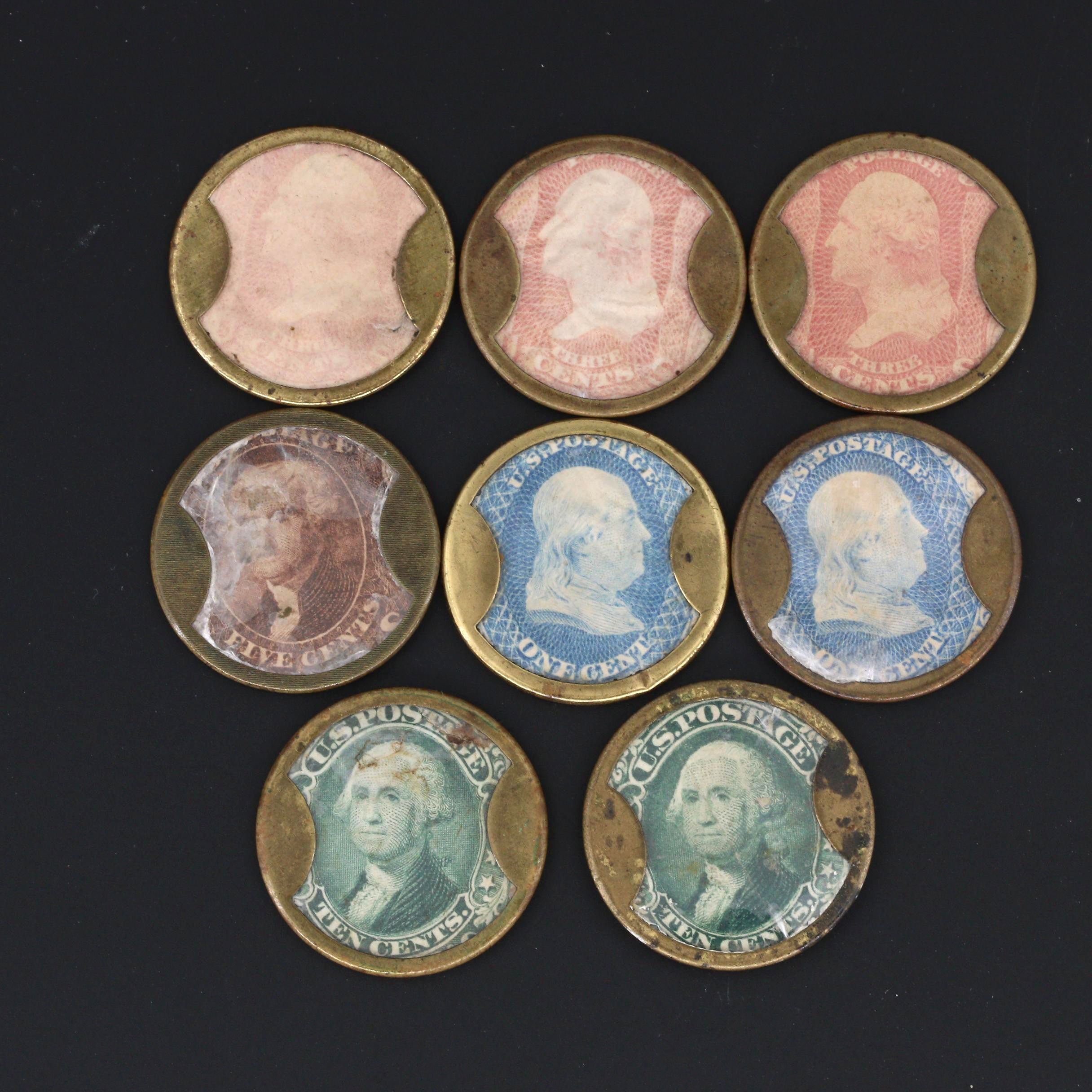 Group of Eight Civil War Era Encased Postage Stamp Tokens | EBTH