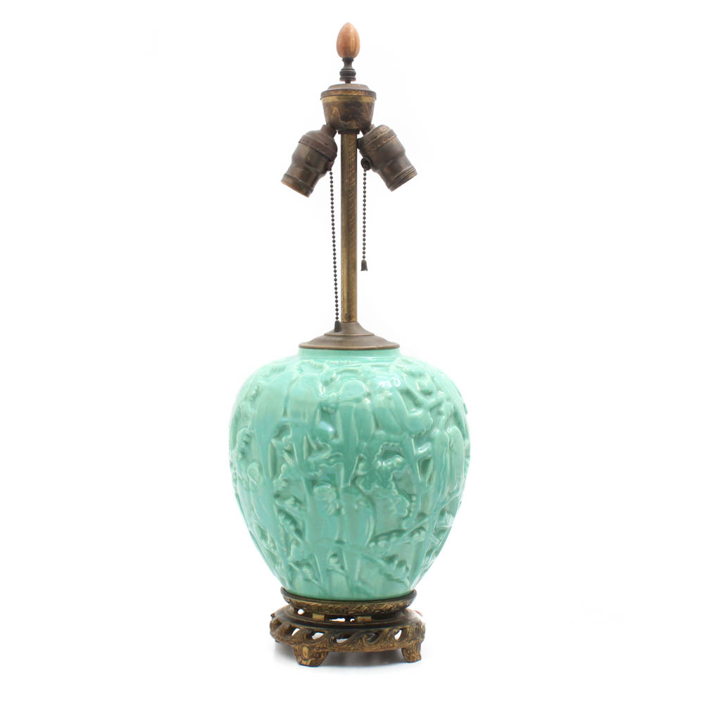 Converted Green Glazed Ceramic "Love Birds" Vase Table Lamp Attributed ...