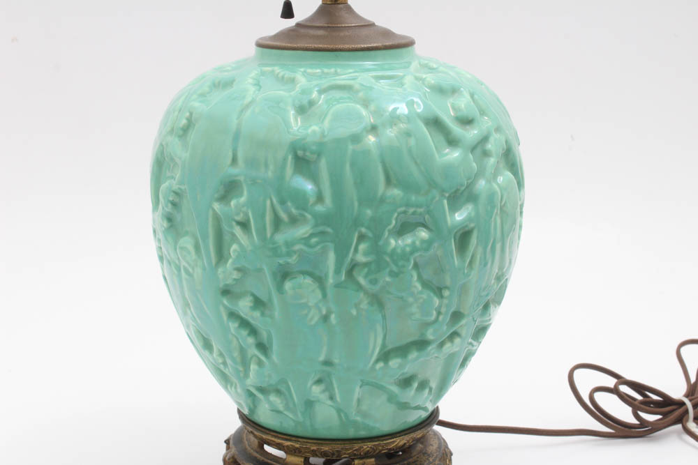Converted Green Glazed Ceramic "Love Birds" Vase Table Lamp Attributed ...