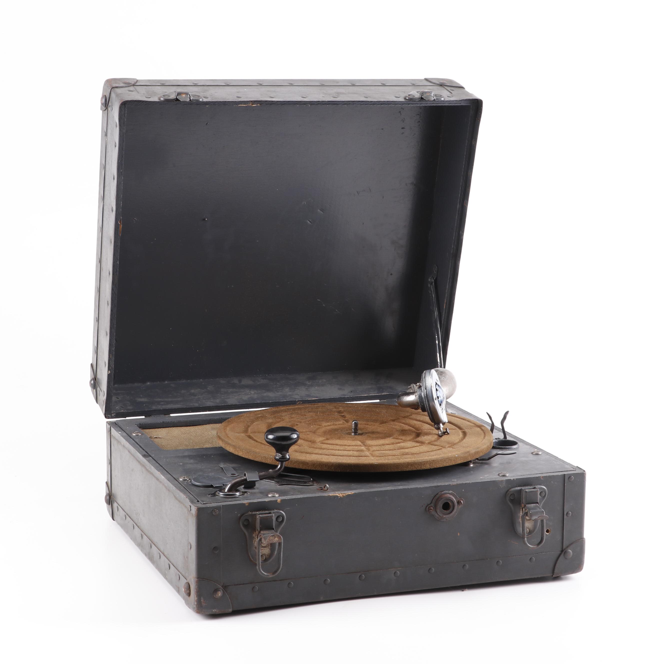 Hand Crank Record Player in Metal Travel Case, Early 20th Century | EBTH