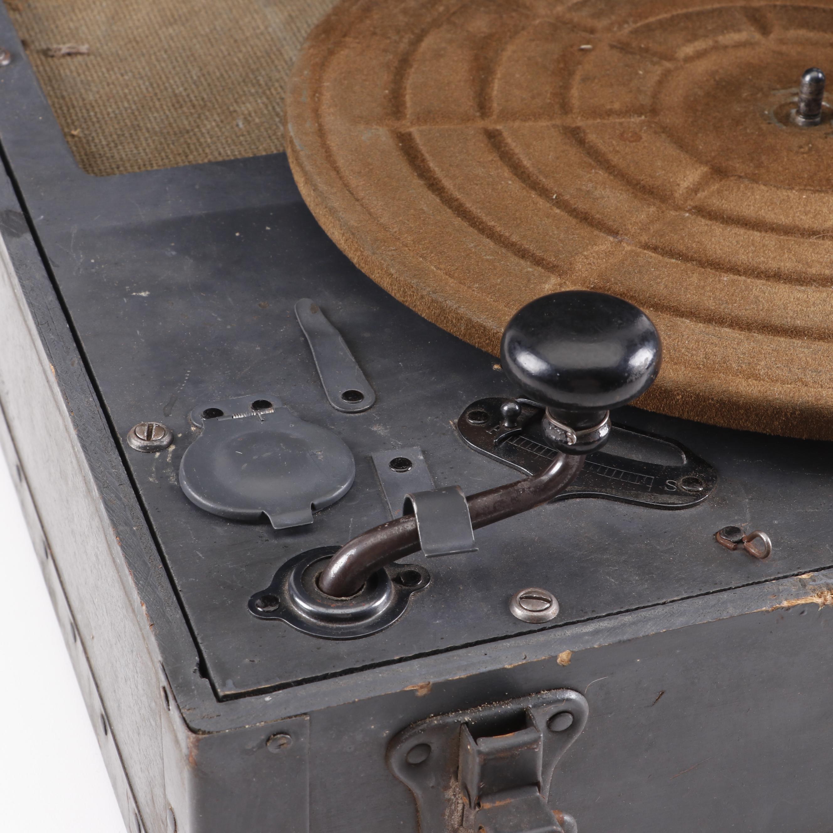 Hand Crank Record Player in Metal Travel Case, Early 20th Century | EBTH