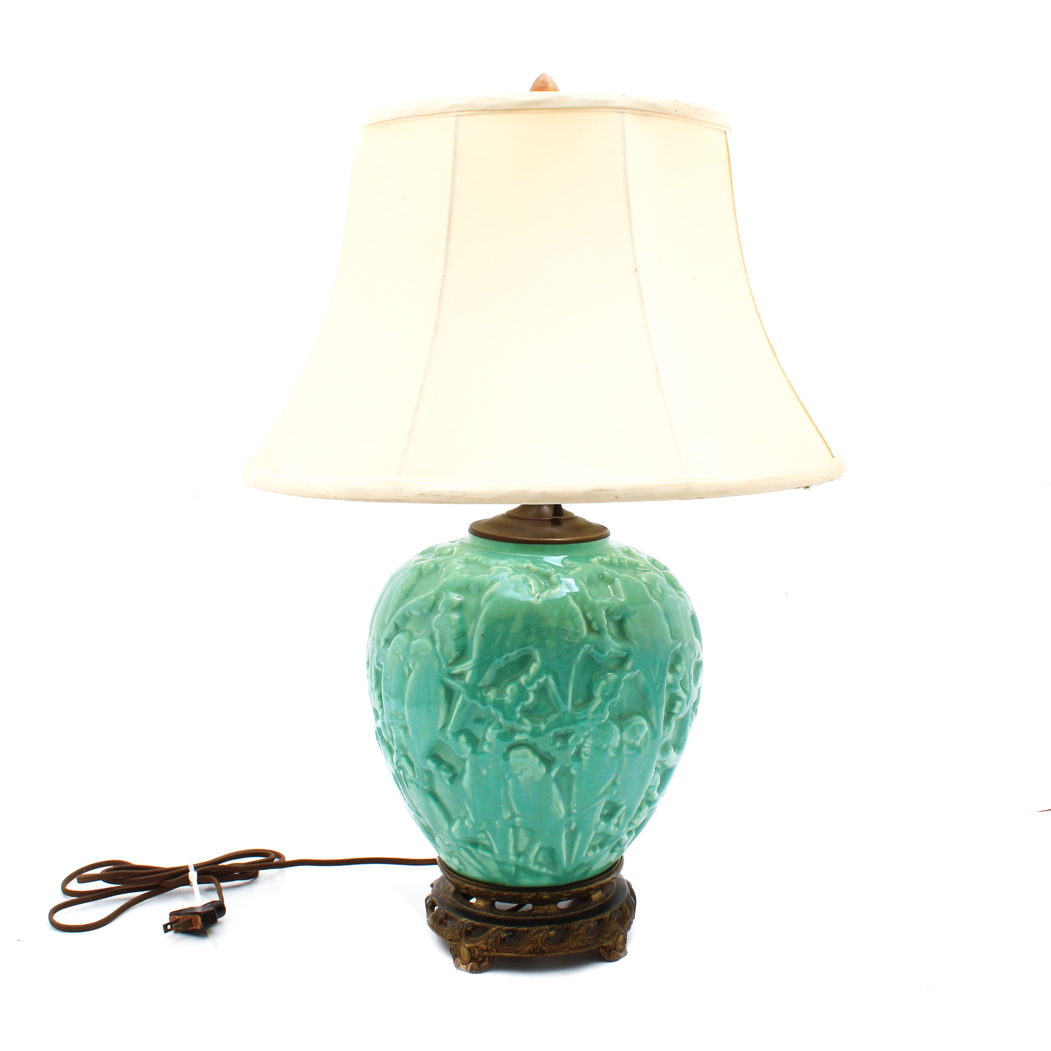 Converted Green Glazed Ceramic "Love Birds" Vase Table Lamp Attributed ...