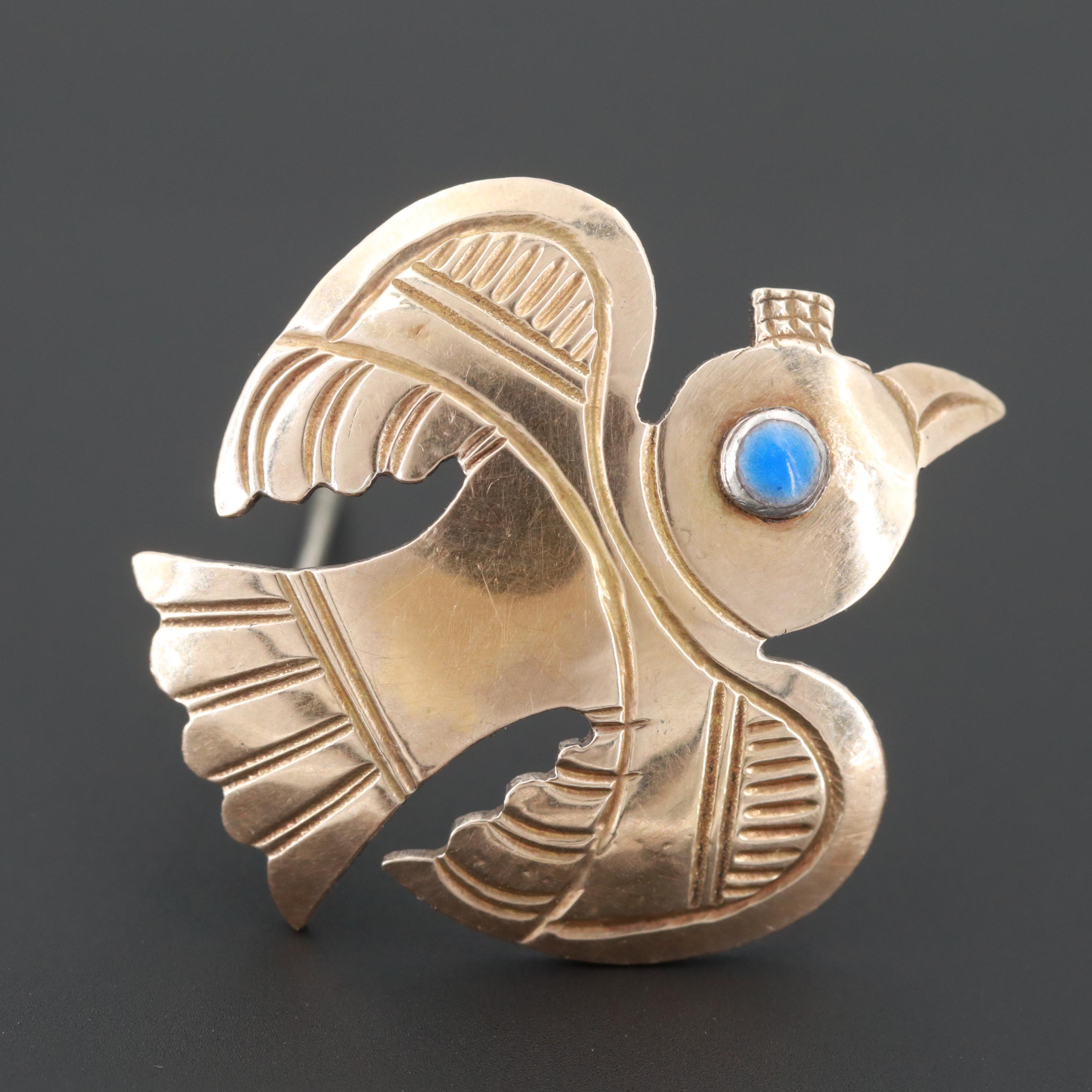 Peruvian Sterling Silver and 18K Yellow Gold Enamel Bird Brooch | EBTH