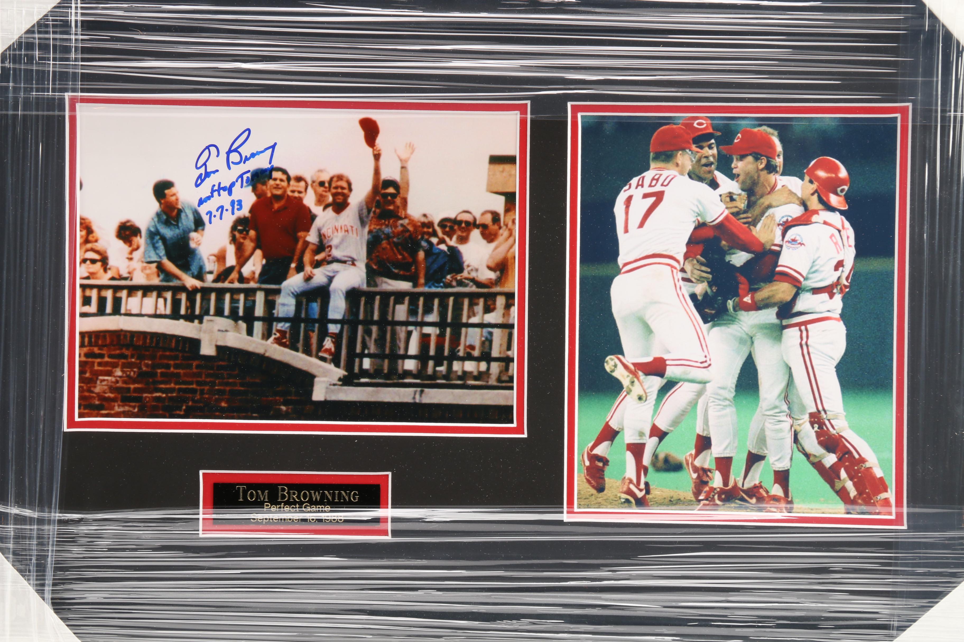 Framed Tom Browning Signed "Rooftop" and "Perfect Game" Display CEI COA ...