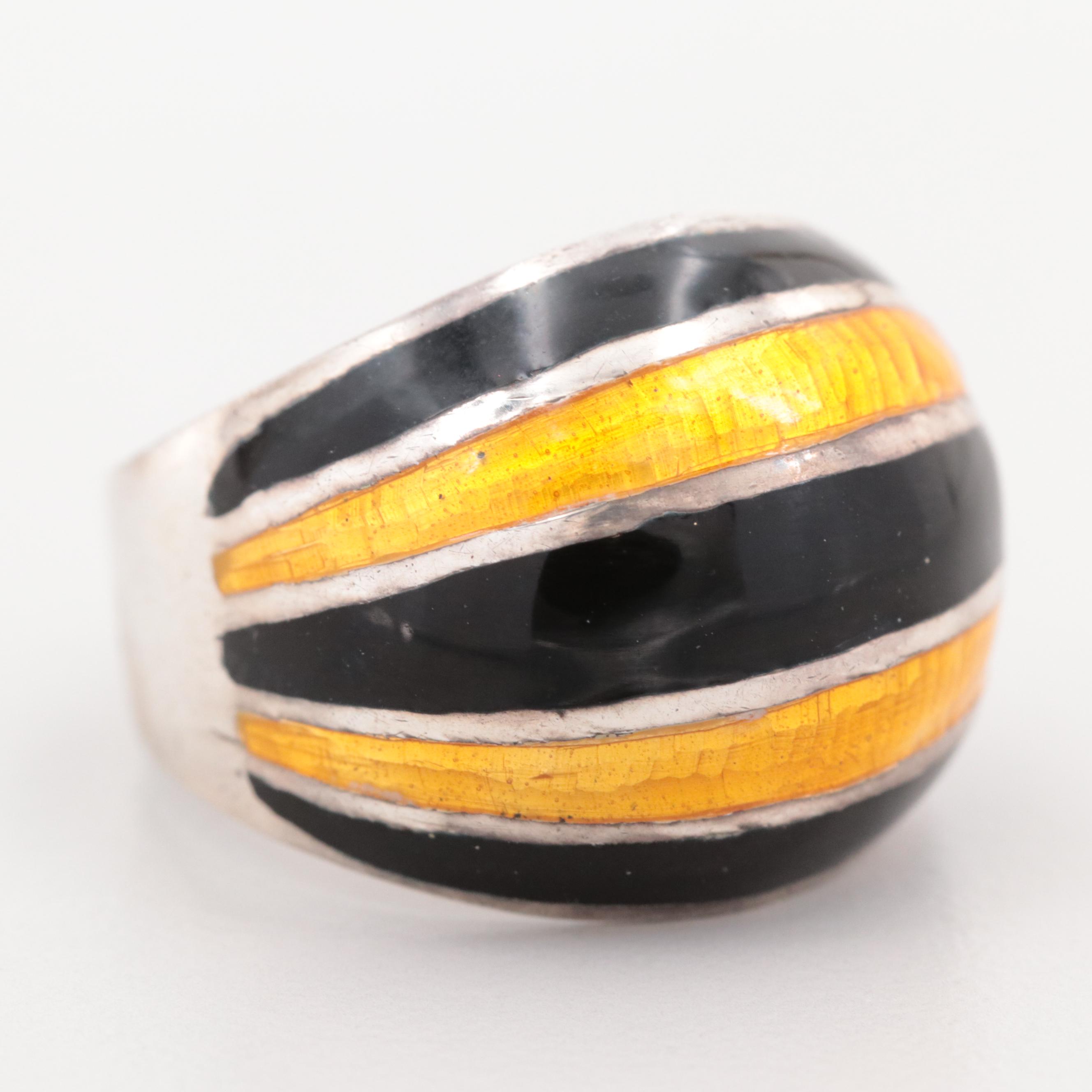 Sterling Silver Champlevé Enamel Bombé Ring | EBTH