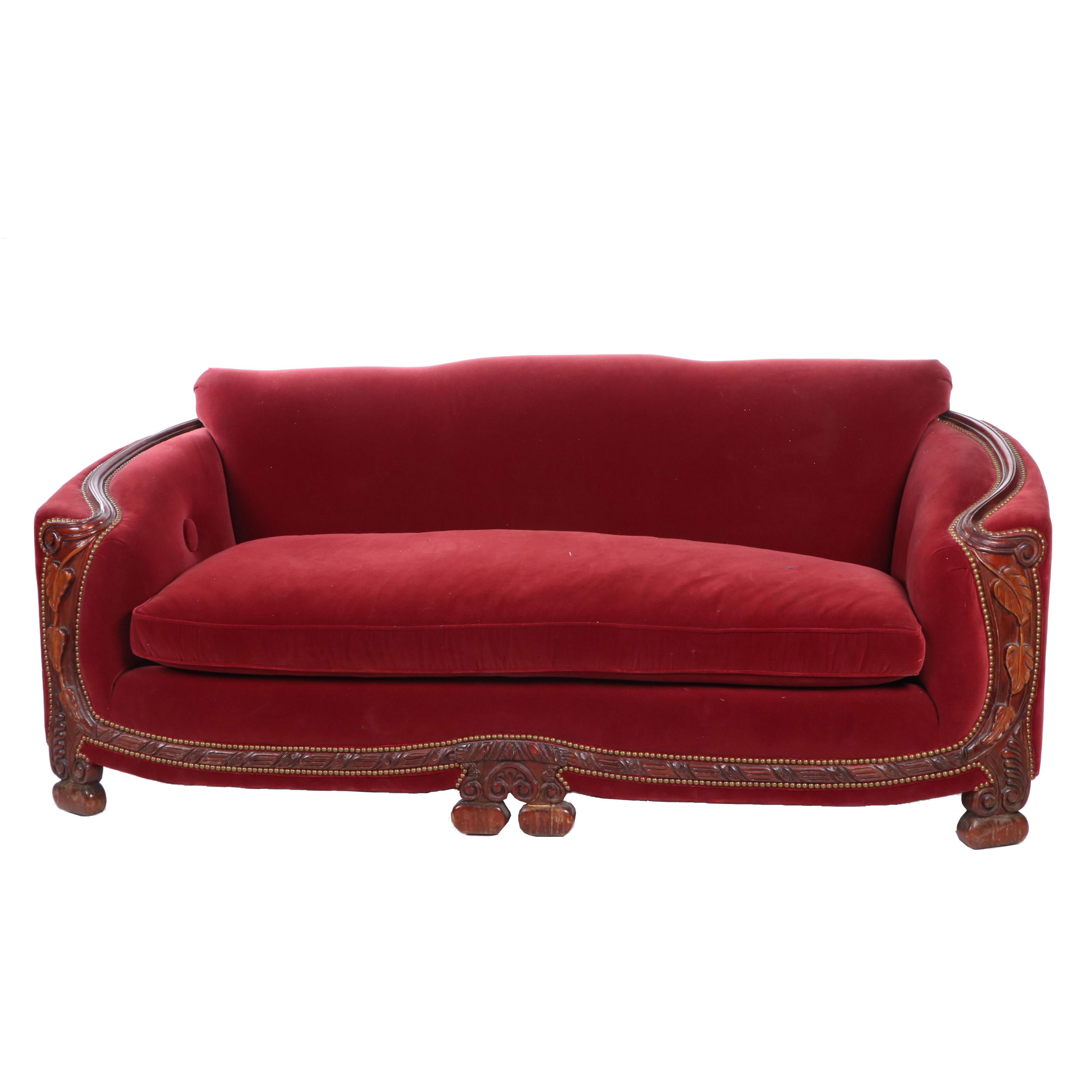 Art Deco Velvet and Carved Floral Mahogany Sofa, Early 20th Century | EBTH