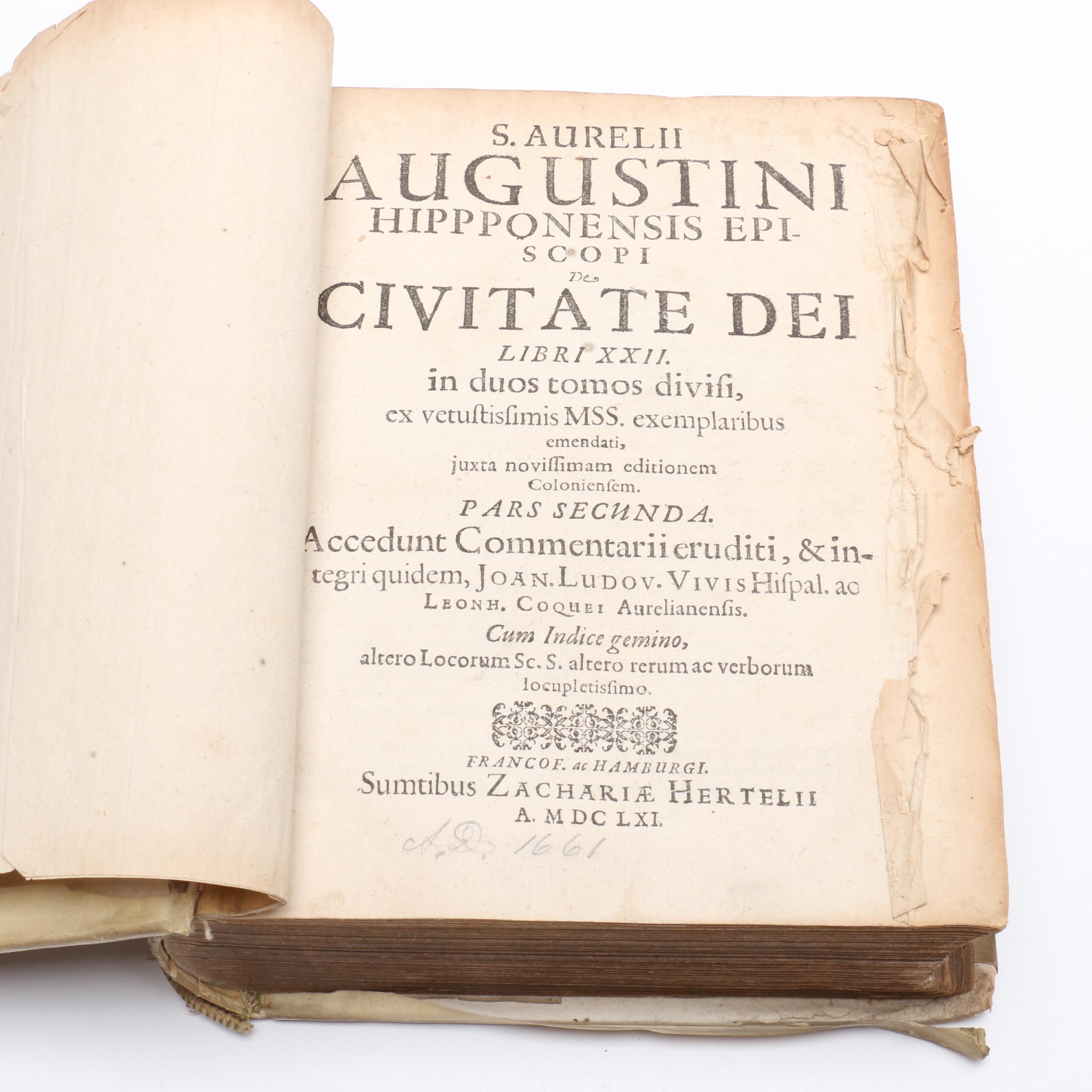 1661 Augustine "De Civitate Dei" Volume II with 1681 "Pampiere Wereld ...