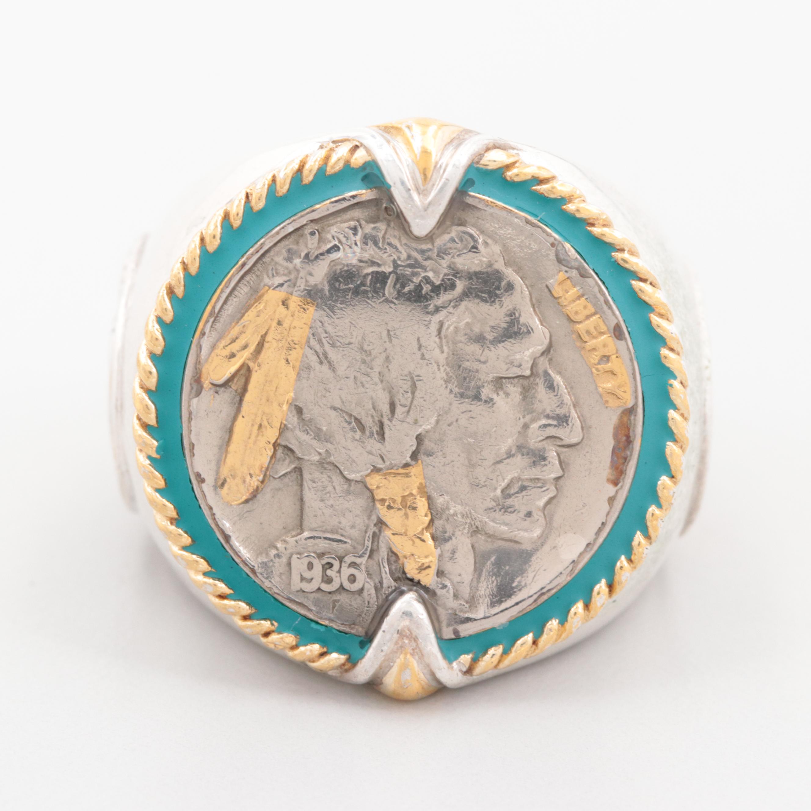 Sterling Silver 1936 Buffalo Nickel Ring with Gold Wash Accents | EBTH