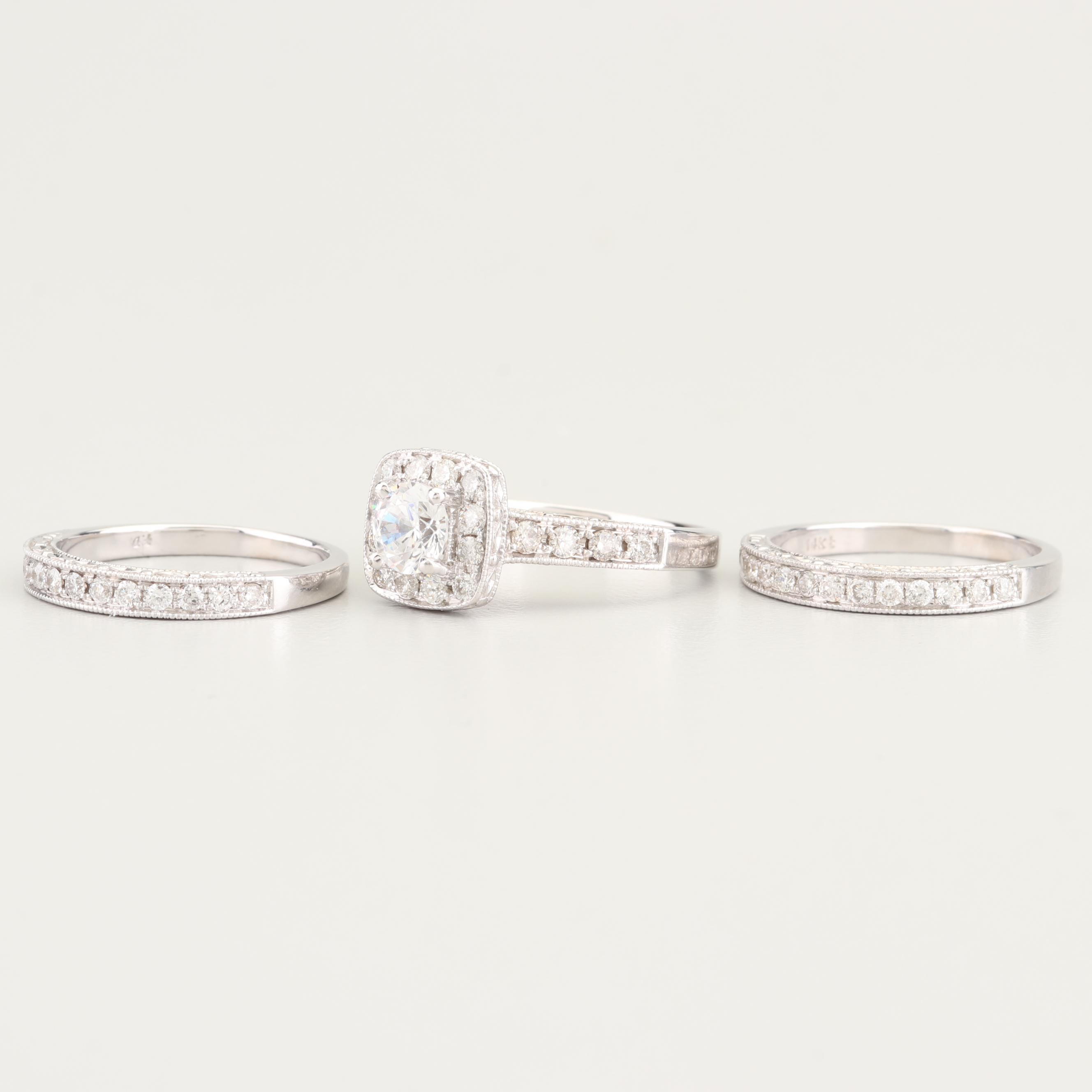 14K White Gold Diamond and Cubic Zirconia Three Ring Bridal Set | EBTH