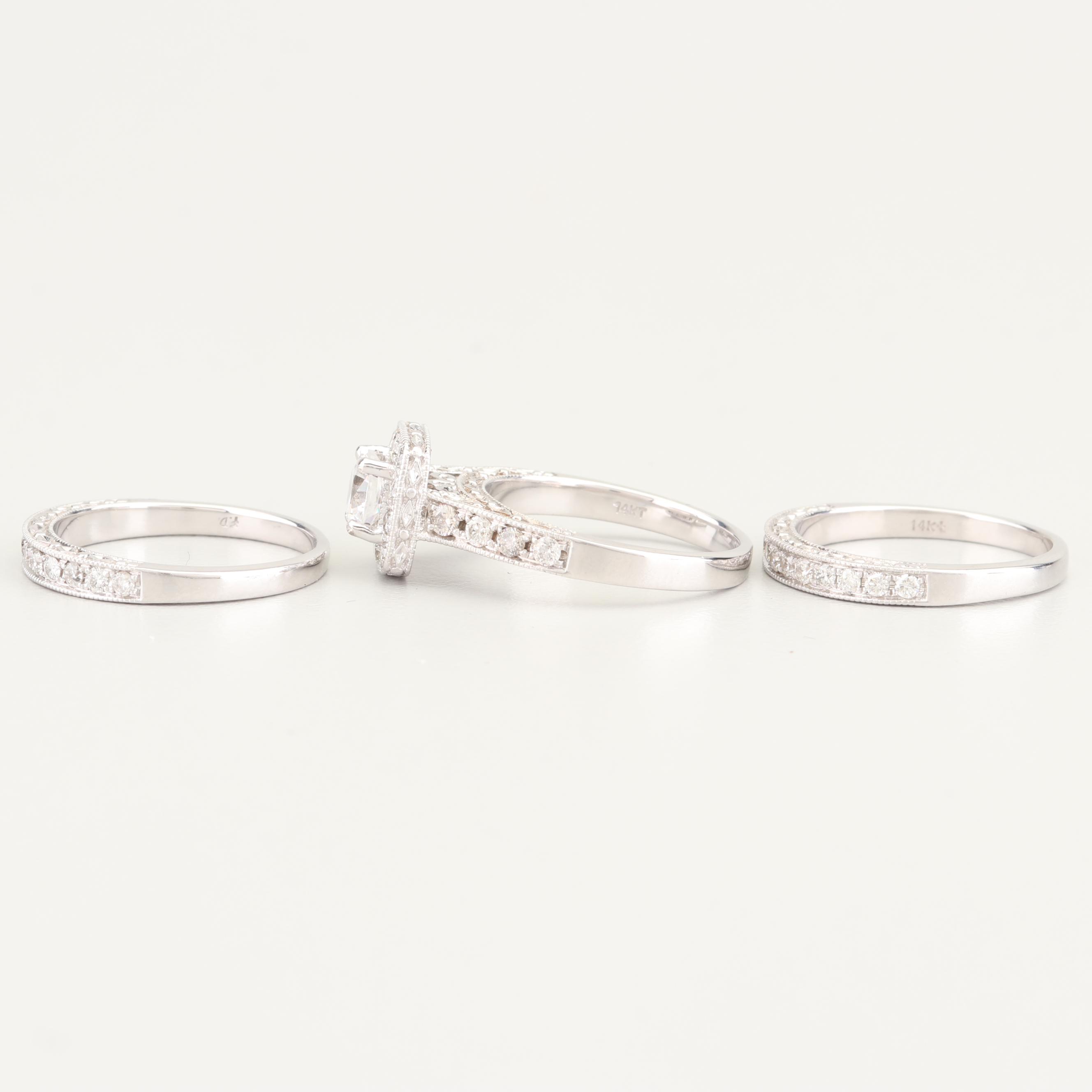 14K White Gold Diamond and Cubic Zirconia Three Ring Bridal Set | EBTH