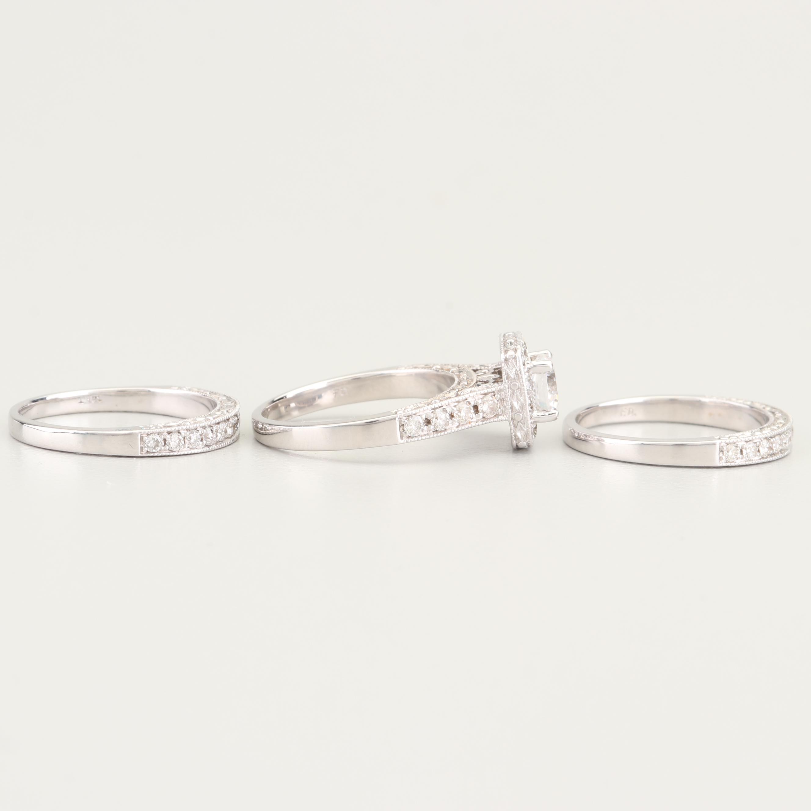 14K White Gold Diamond and Cubic Zirconia Three Ring Bridal Set | EBTH