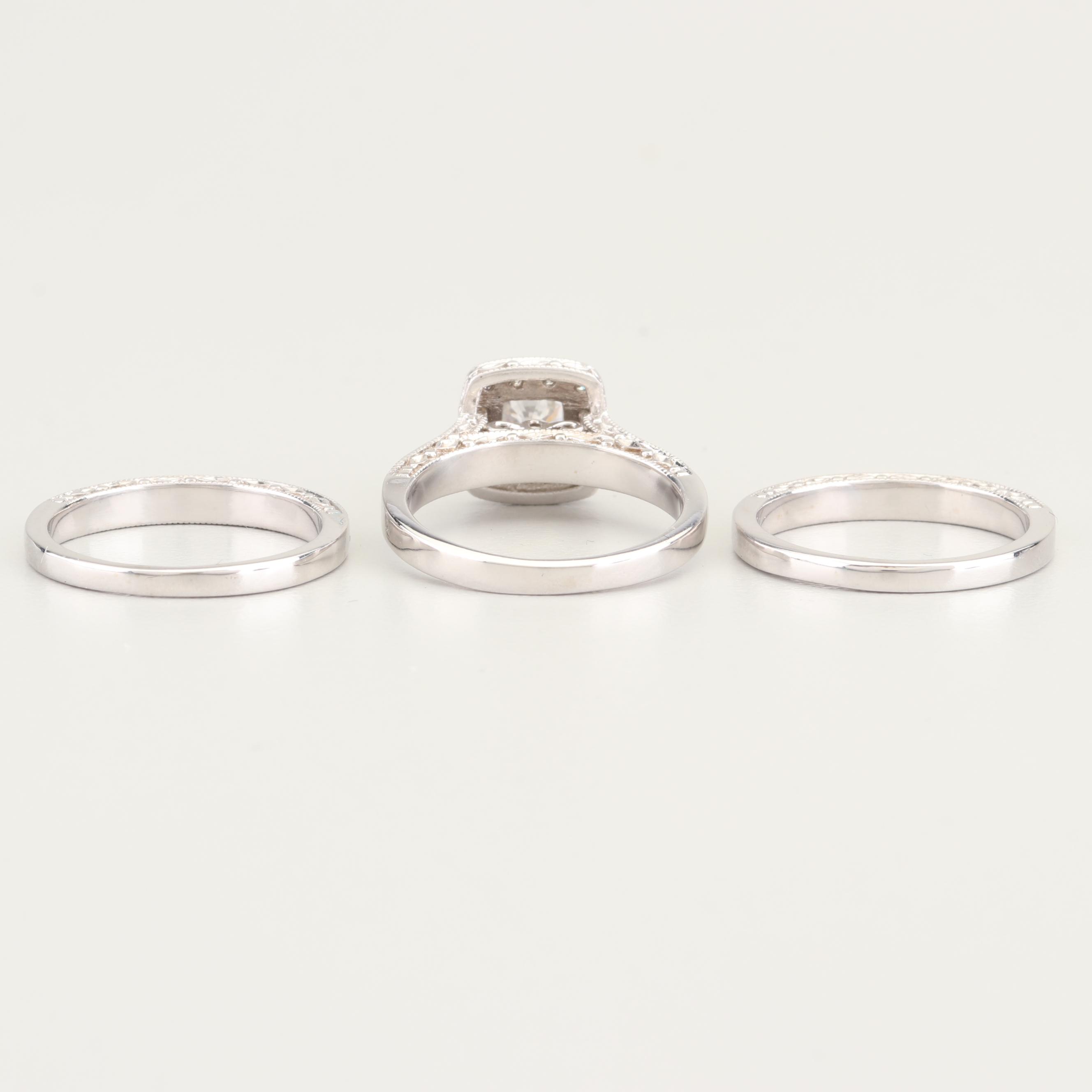 14K White Gold Diamond and Cubic Zirconia Three Ring Bridal Set | EBTH