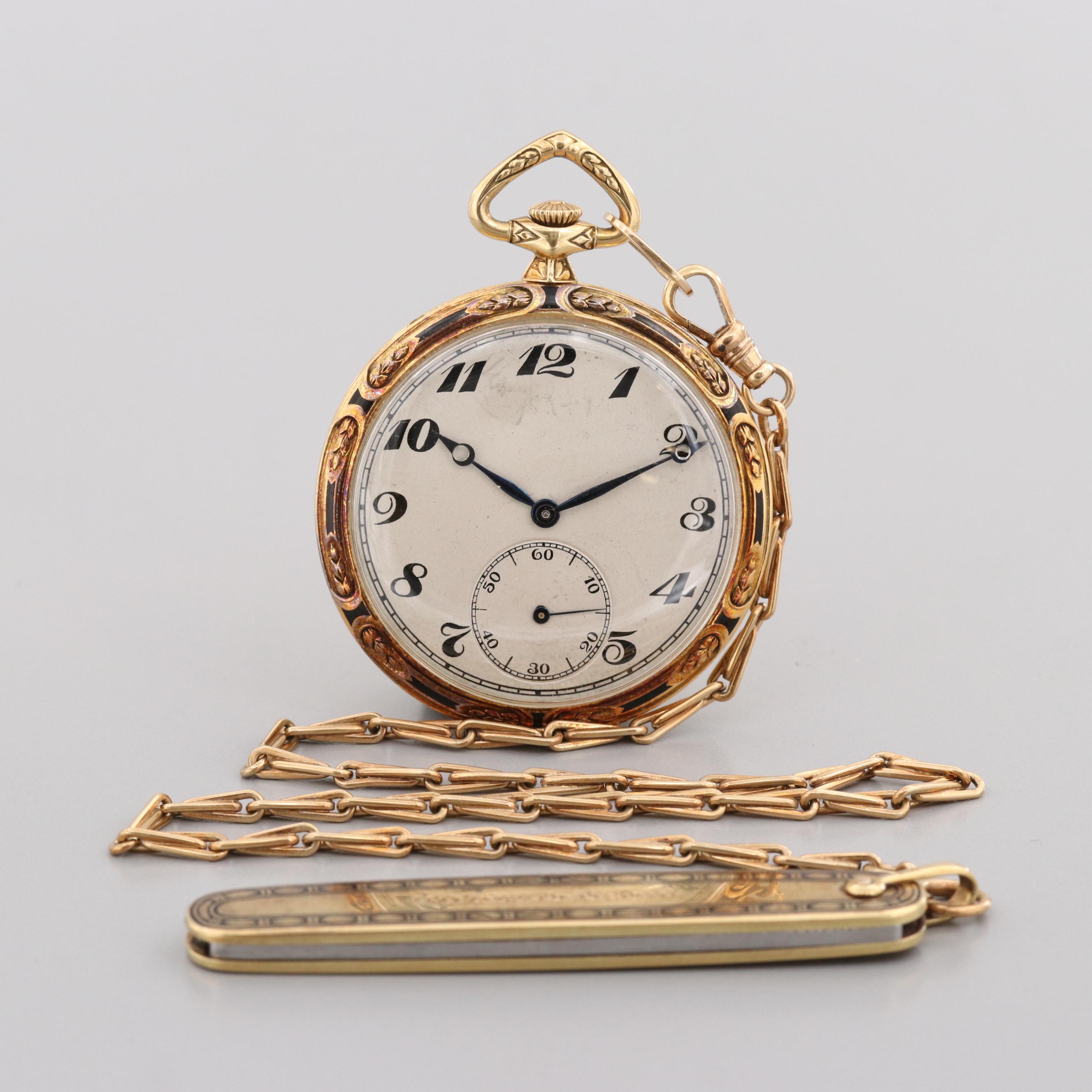 Vintage C.H. Meylan 18K Yellow Gold Pocket Watch With 14K Fob and ...