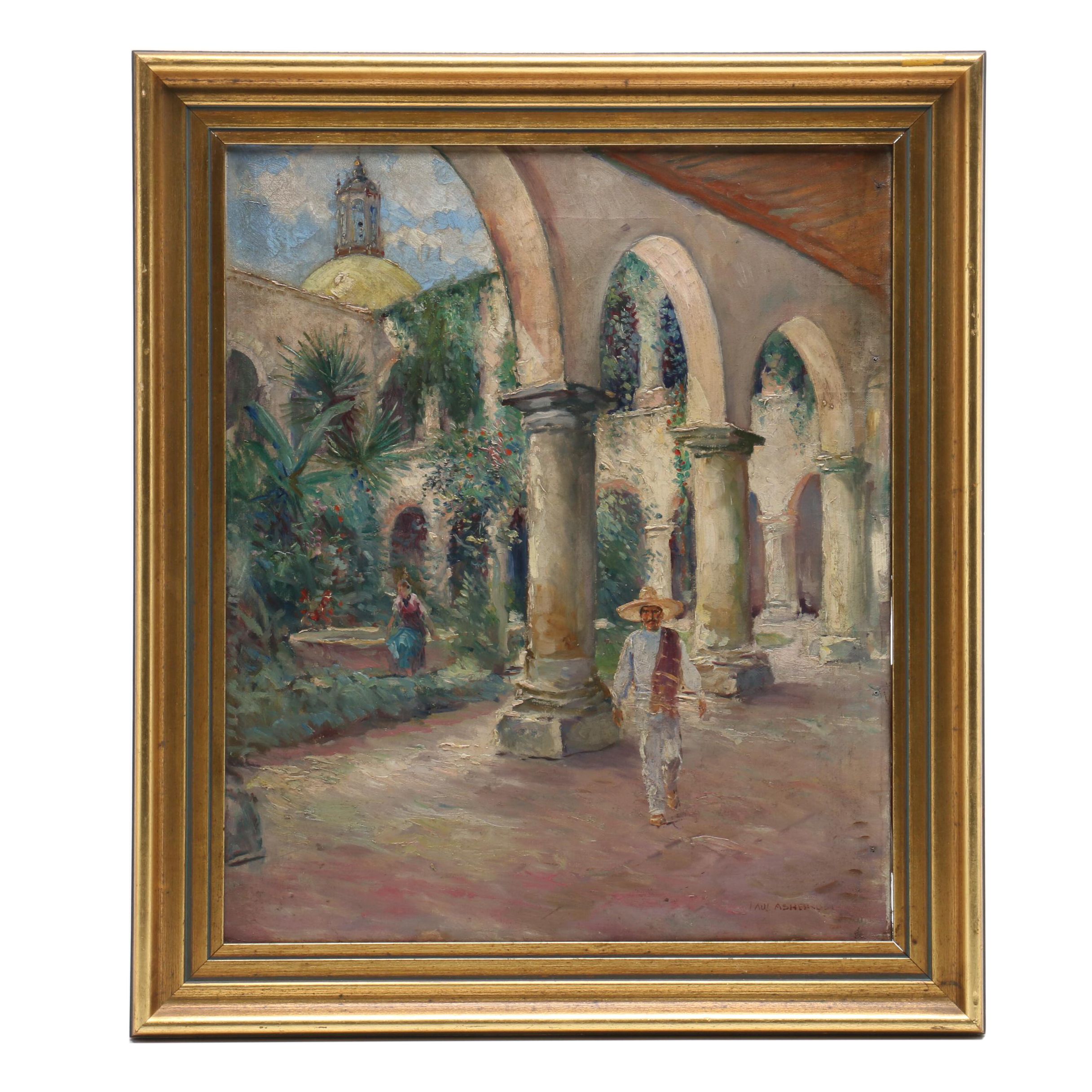Paul Ashbrook Oil Painting of Figures in Courtyard | EBTH