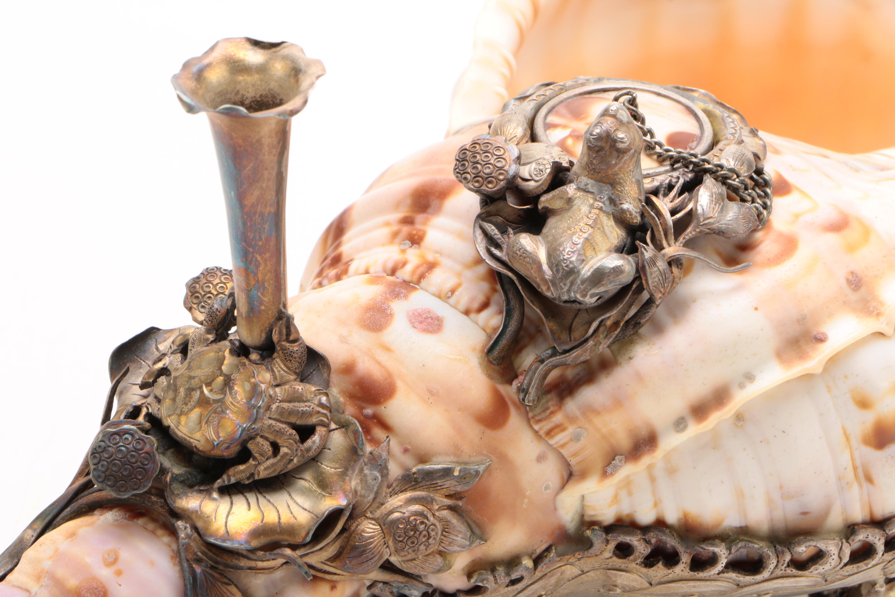 Conch Shell Inkwell with Silver Animal Motif Mount, Late Victorian | EBTH