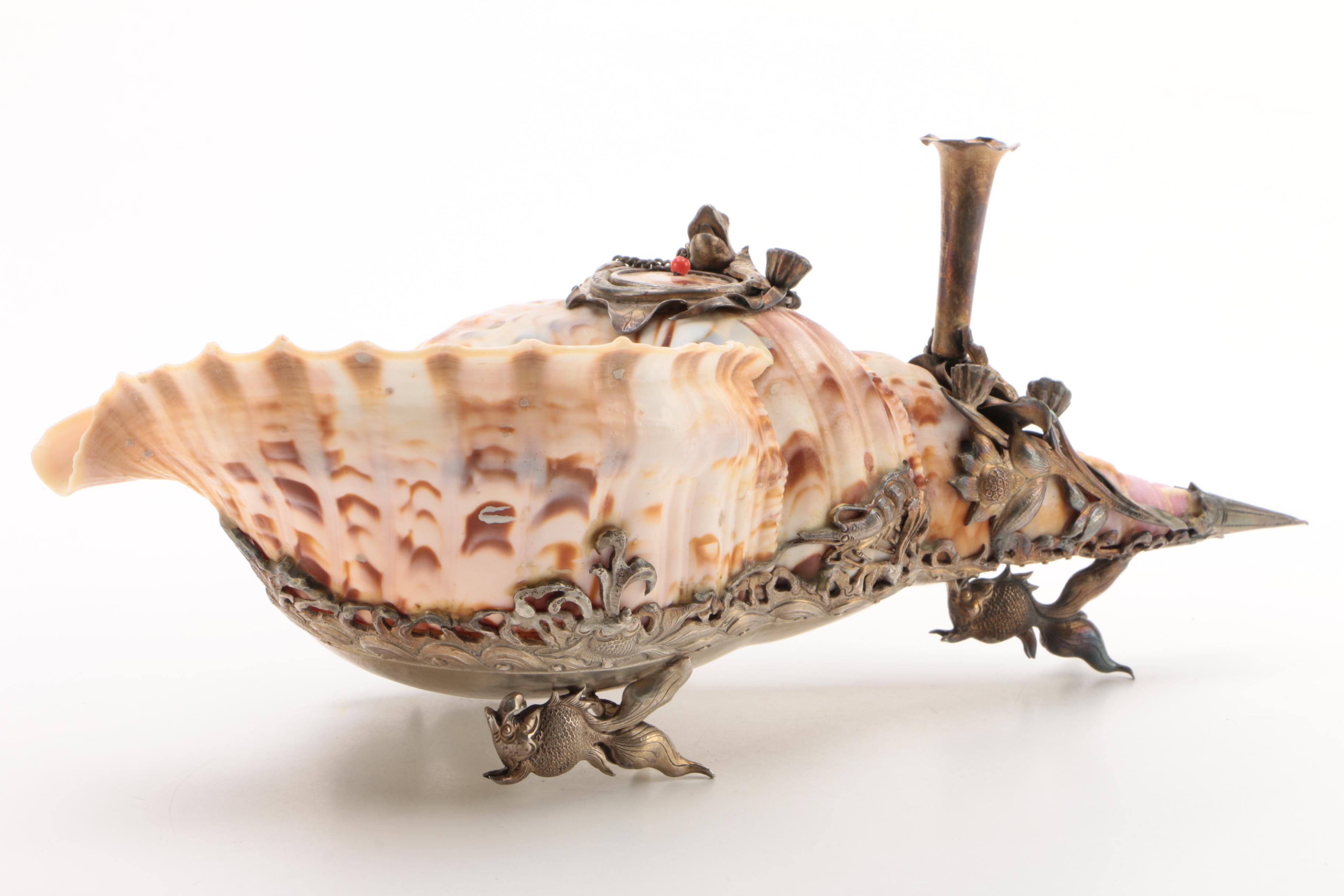 Conch Shell Inkwell with Silver Animal Motif Mount, Late Victorian | EBTH