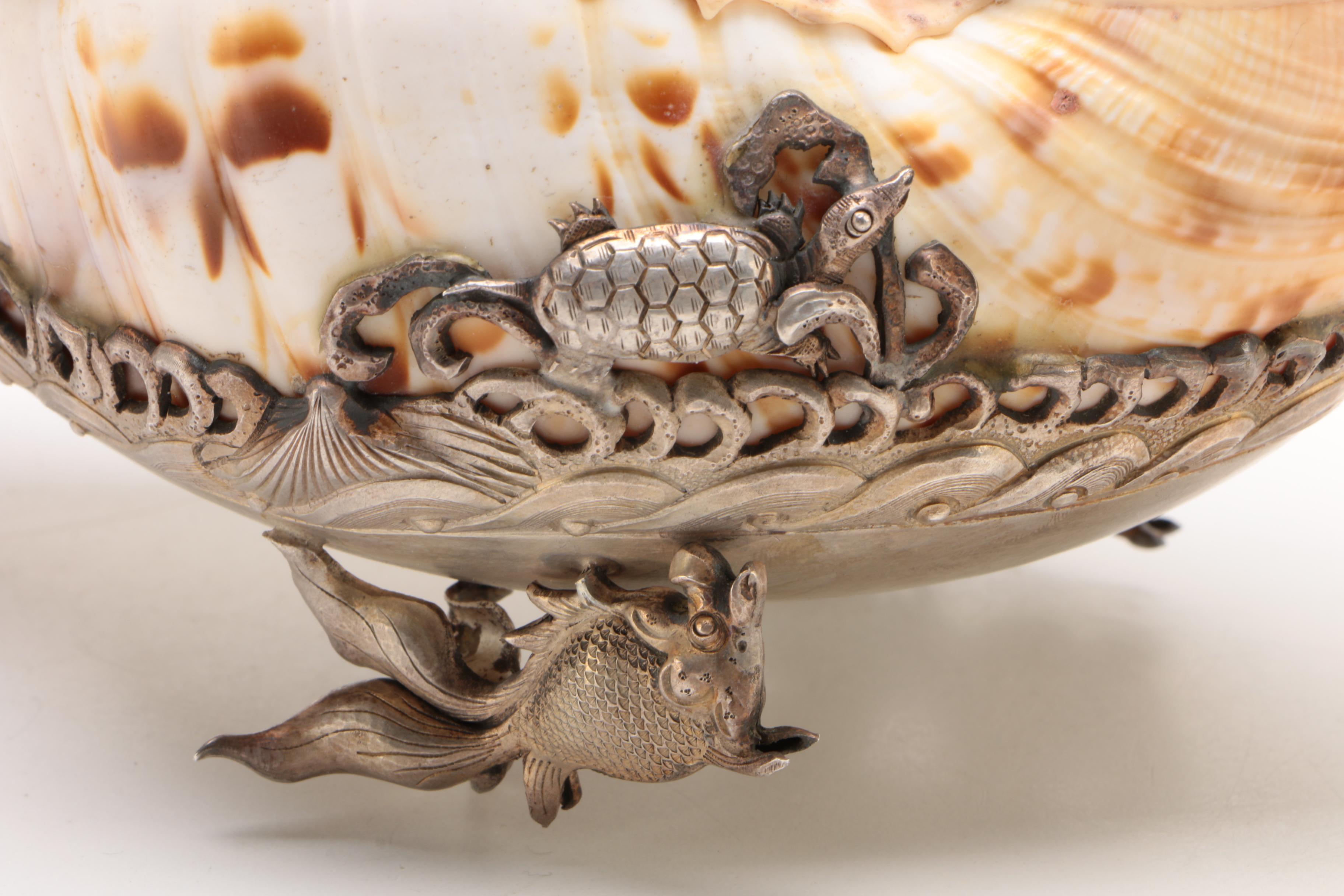 Conch Shell Inkwell with Silver Animal Motif Mount, Late Victorian | EBTH
